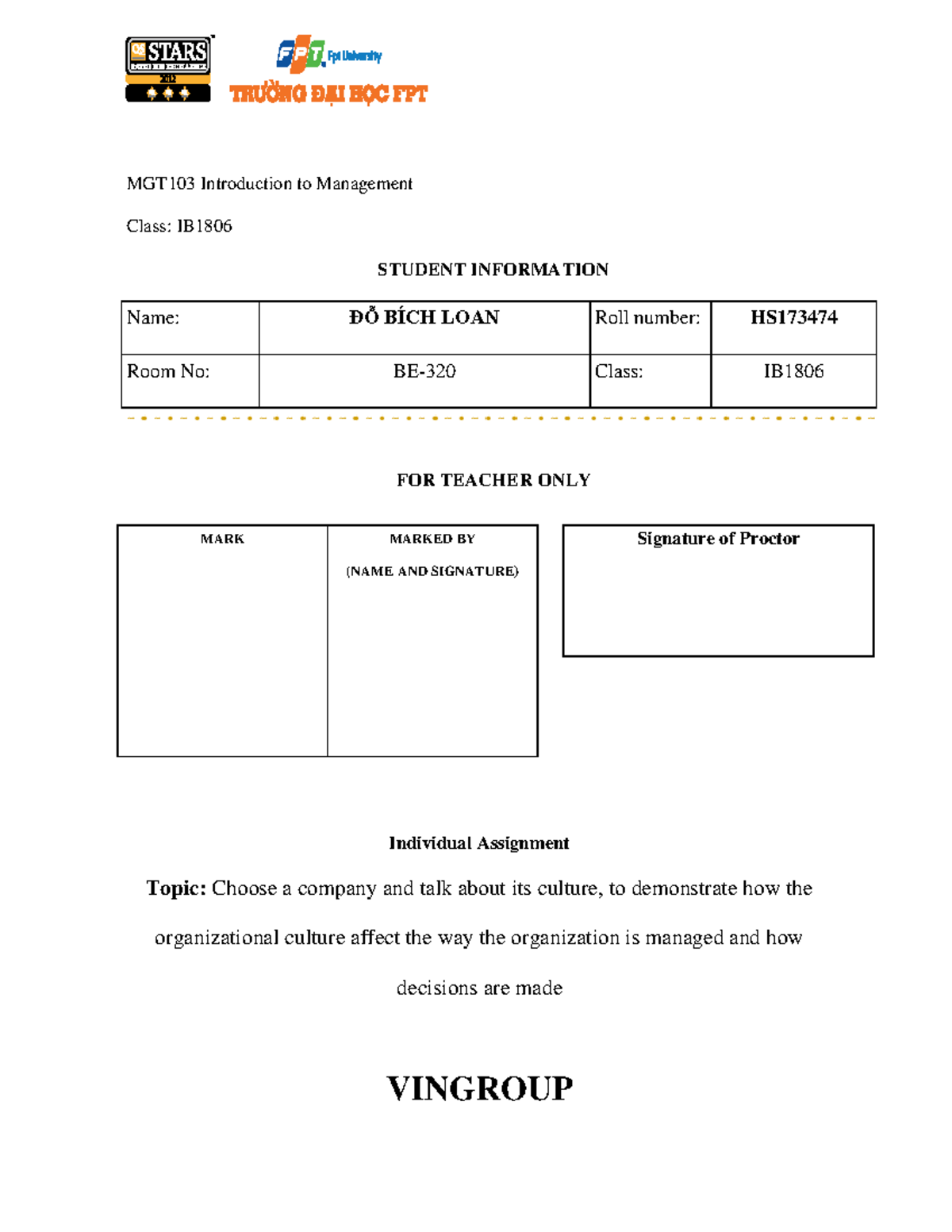 Đỗ Bích Loan- HS173474- Individual MGT103- IB1806- SP2023 - MGT103 Introduction to Management ...