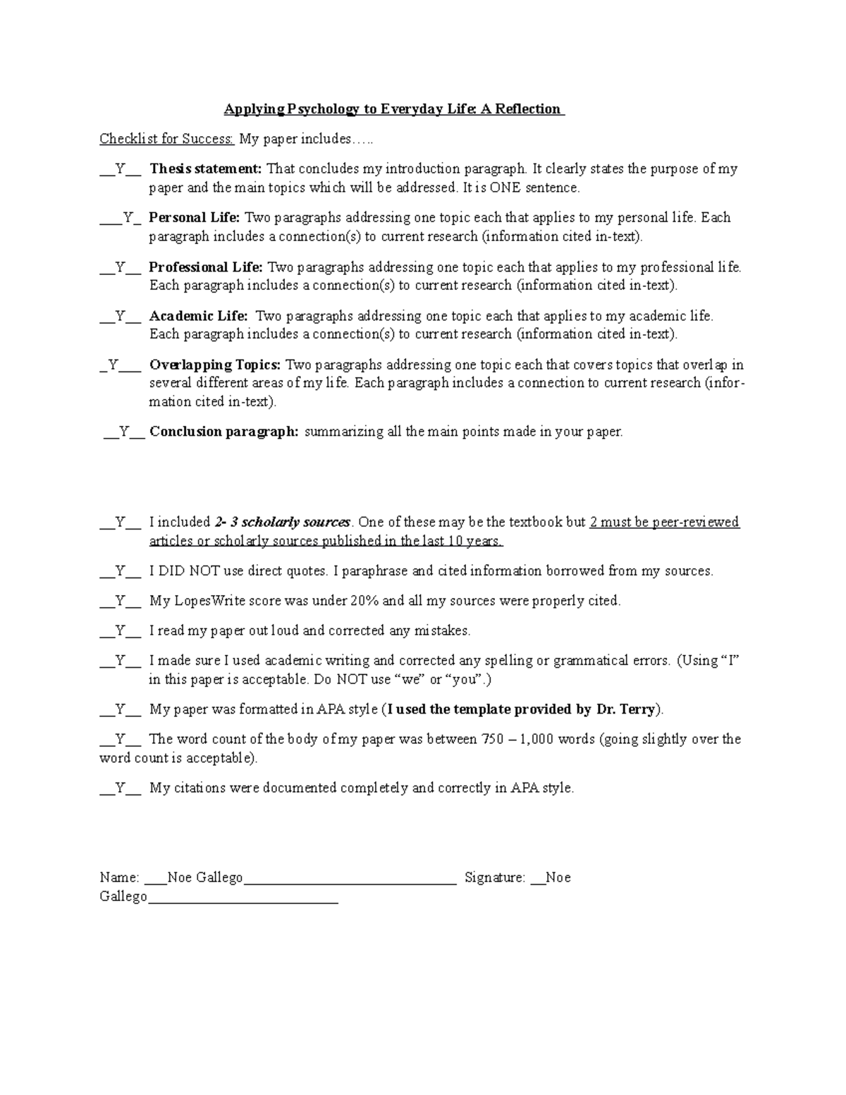 Applying Psychology Reflection Paper Checklist - Applying Psychology to ...