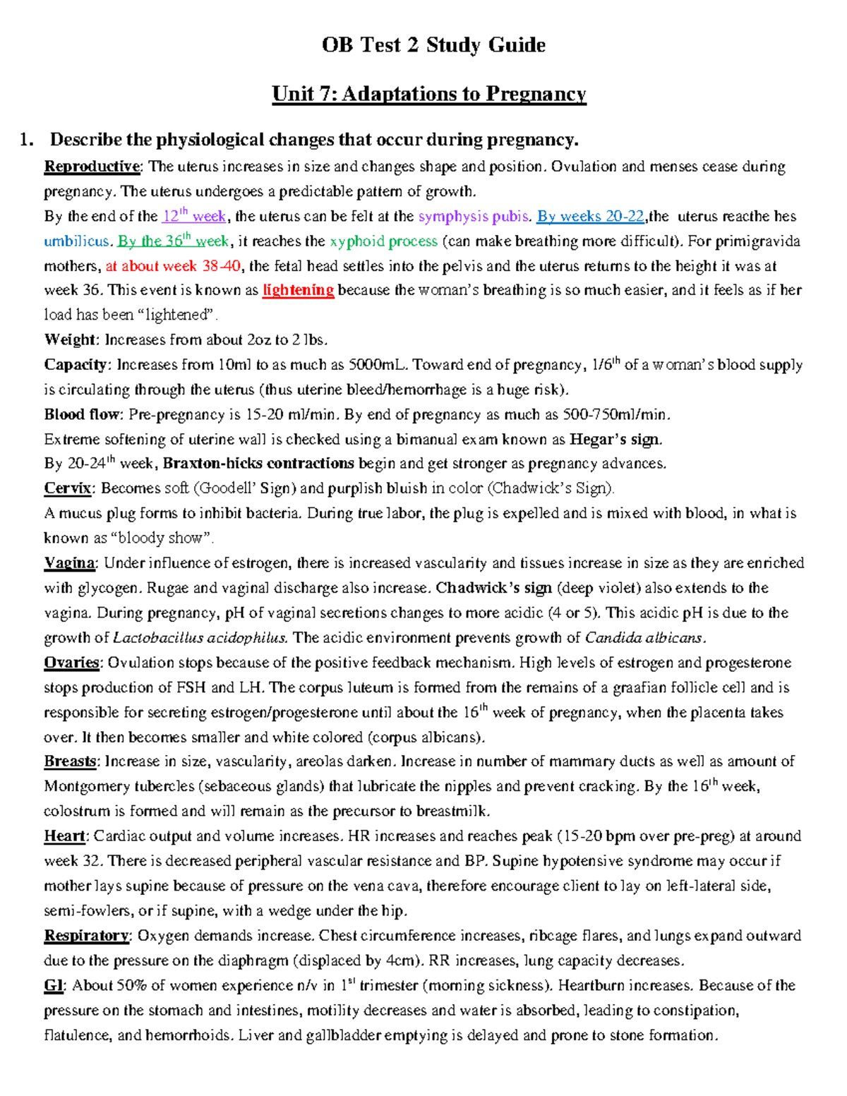 OB test 2 Study Guide Adaptations to Pregnancy - OB Test 2 Study Guide ...