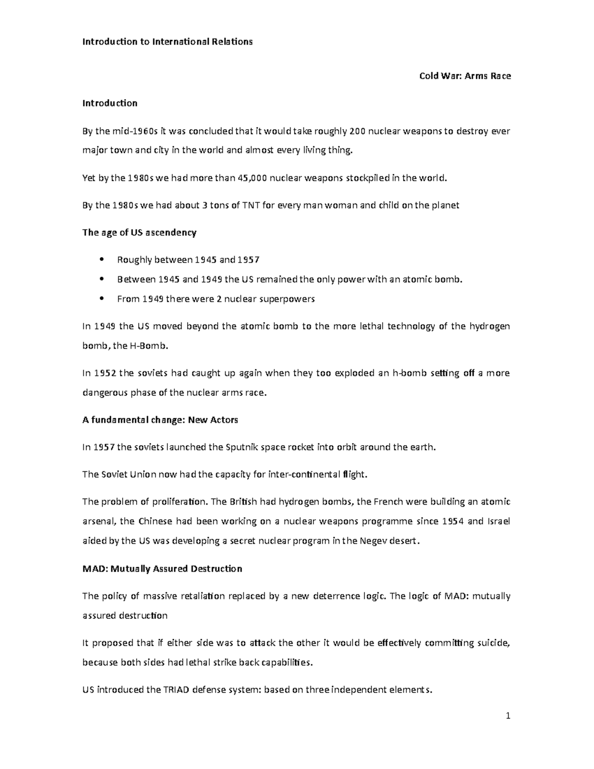 Apuntes- Cold War, Arms Race - Introducion to Internaional Relaions ...