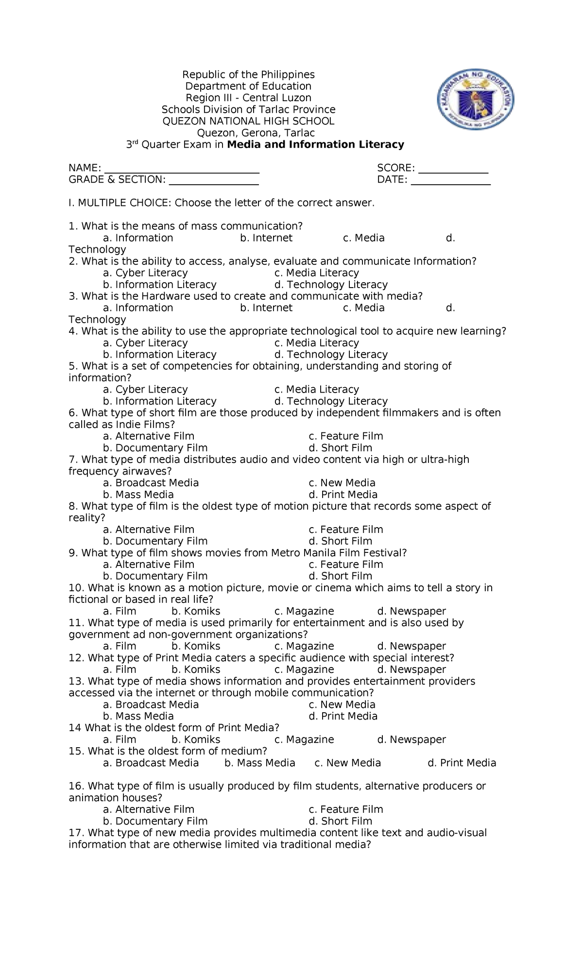 3rd Quarter Exam in Media and Information Literacy docx - Republic of ...