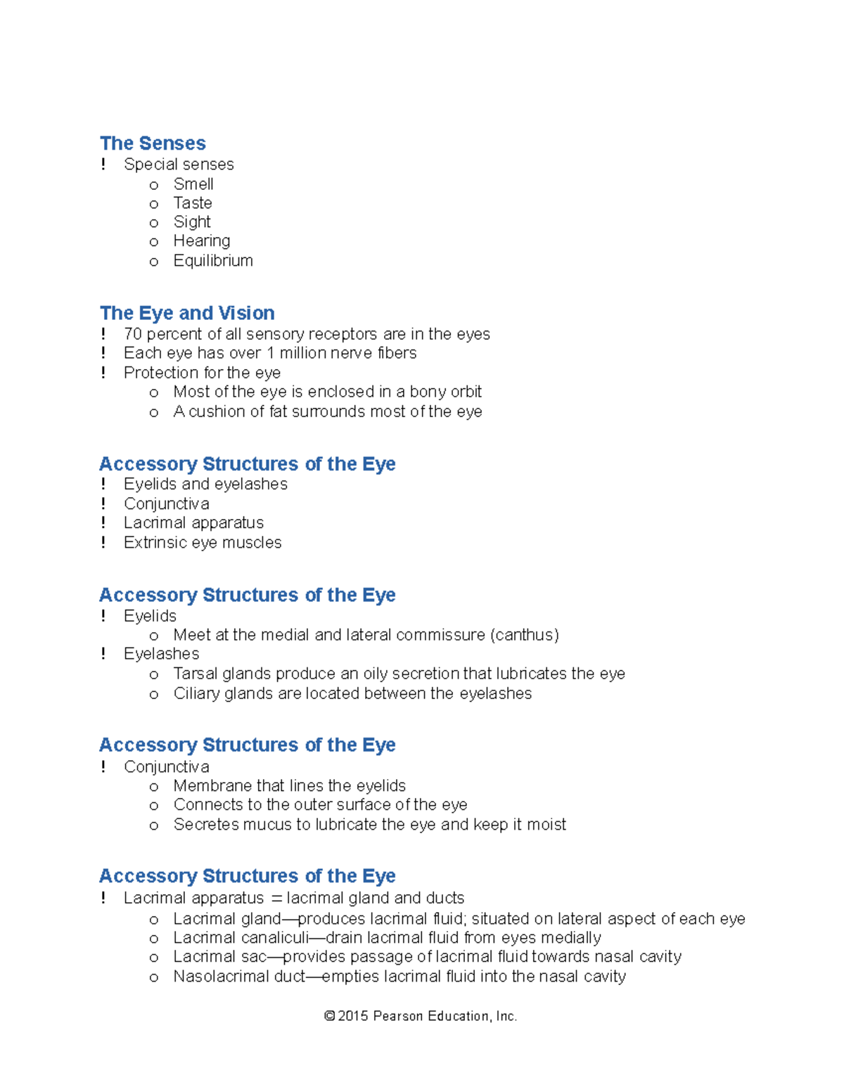 Special Senses - Notes - © 2015 Pearson Education, Inc. The Senses ...