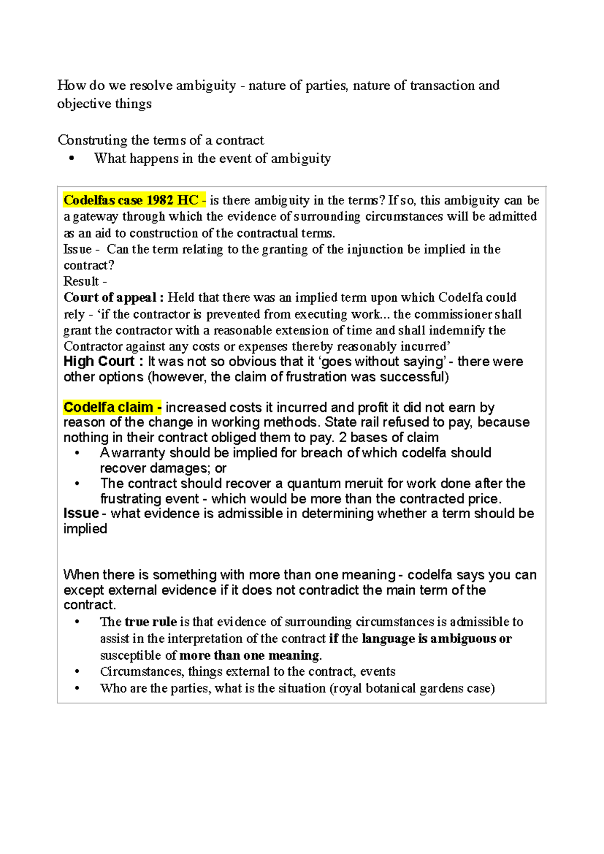 Case summaries - contract law - ambiguity - How do we resolve ambiguity ...