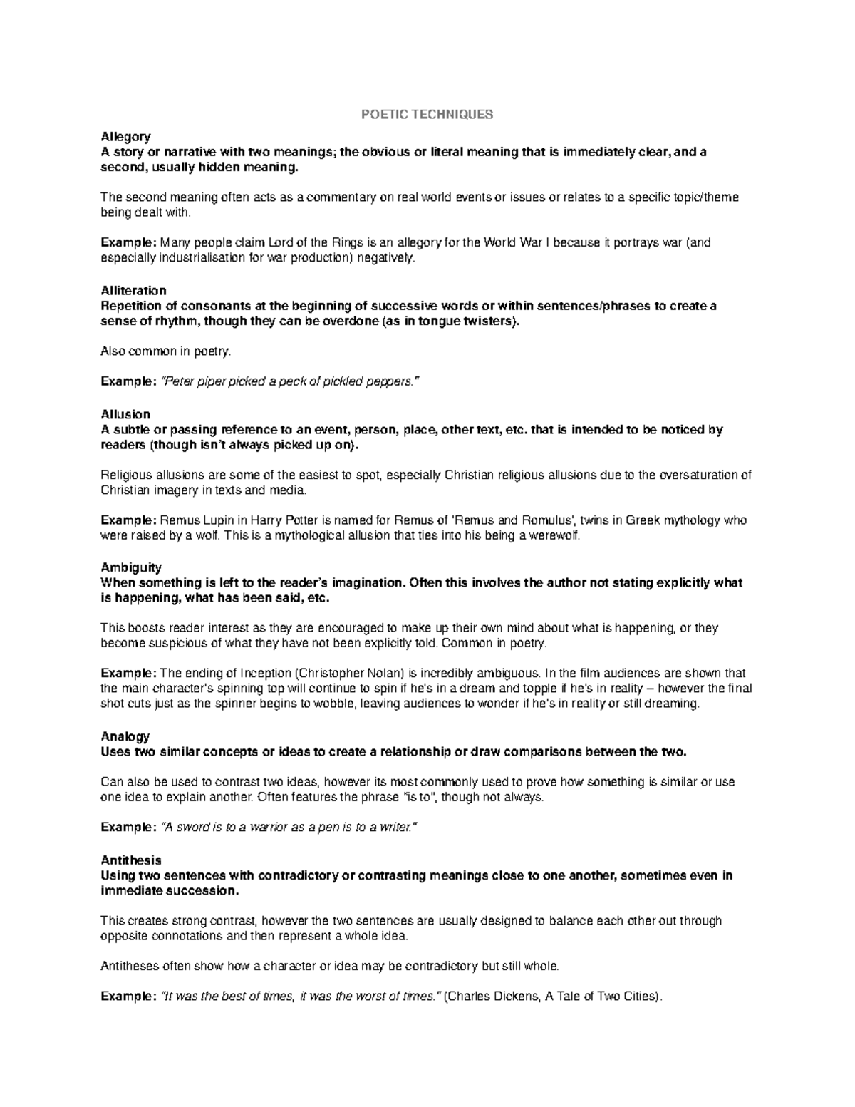 Poetic techniques list - POETIC TECHNIQUES Allegory A story or ...