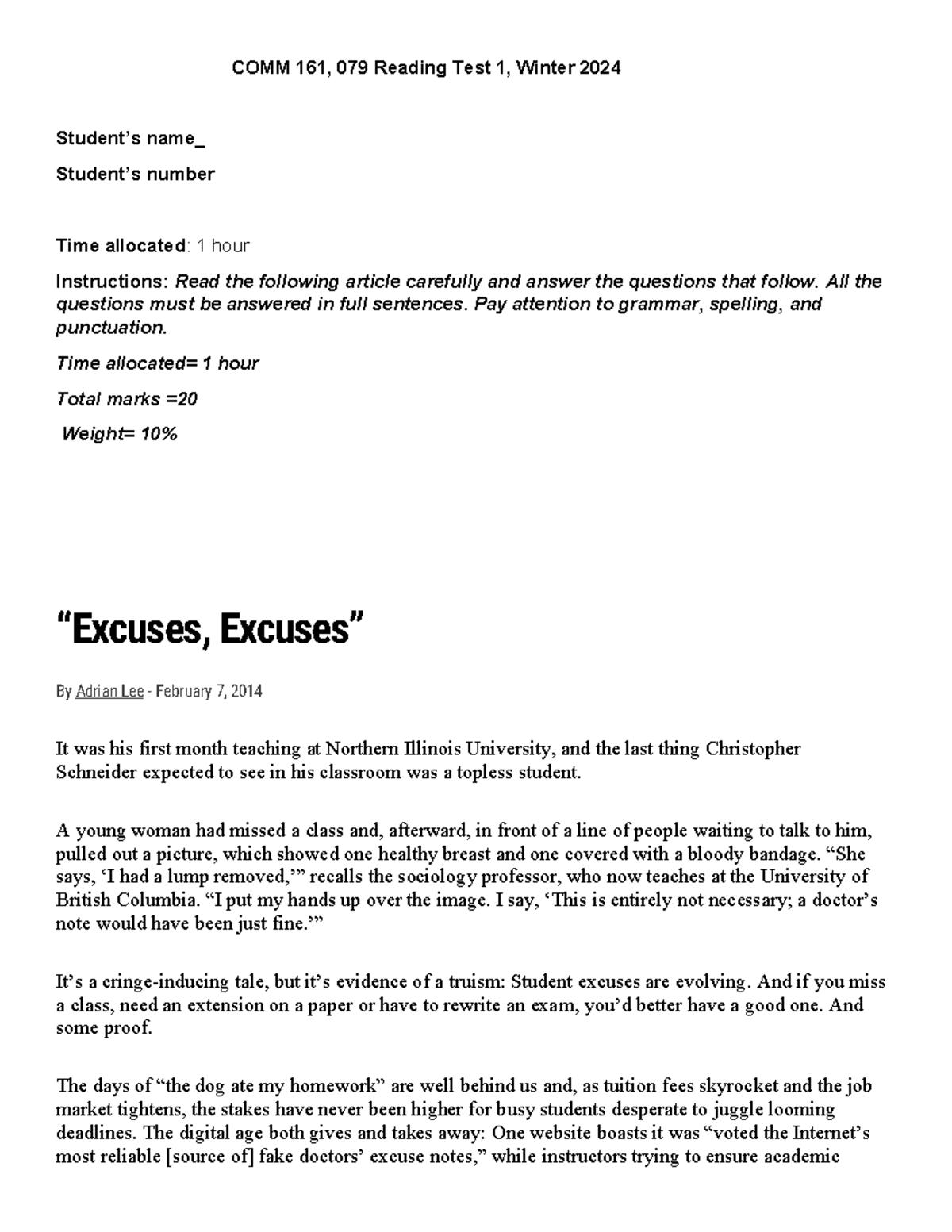 Reading Tes T1 - COMM 161, 079 Reading Test 1, Winter 2024 Student’s ...