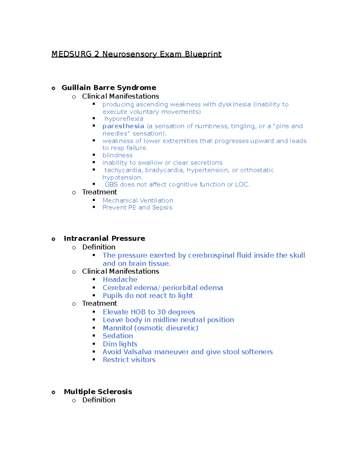 Medsurg 2 Neurosensory Exam Blueprint - MEDSURG 2 Neurosensory Exam ...