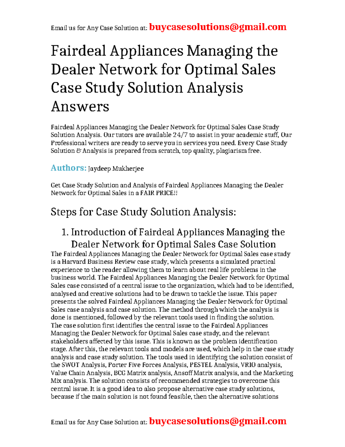Case Solution Fairdeal Appliances Managing the Dealer Network for Optimal Sales - Fairdeal - Studocu