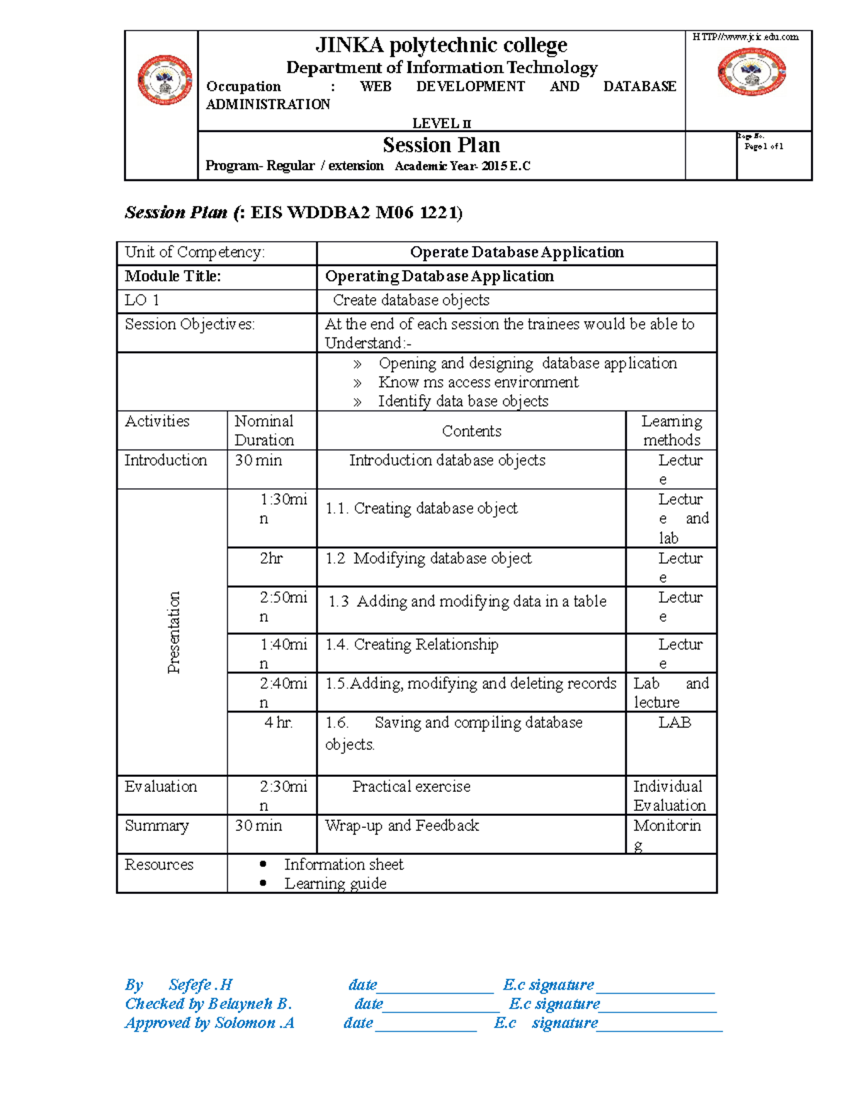 Session Plan.docx oprate dba - JINKA polytechnic college Department of ...