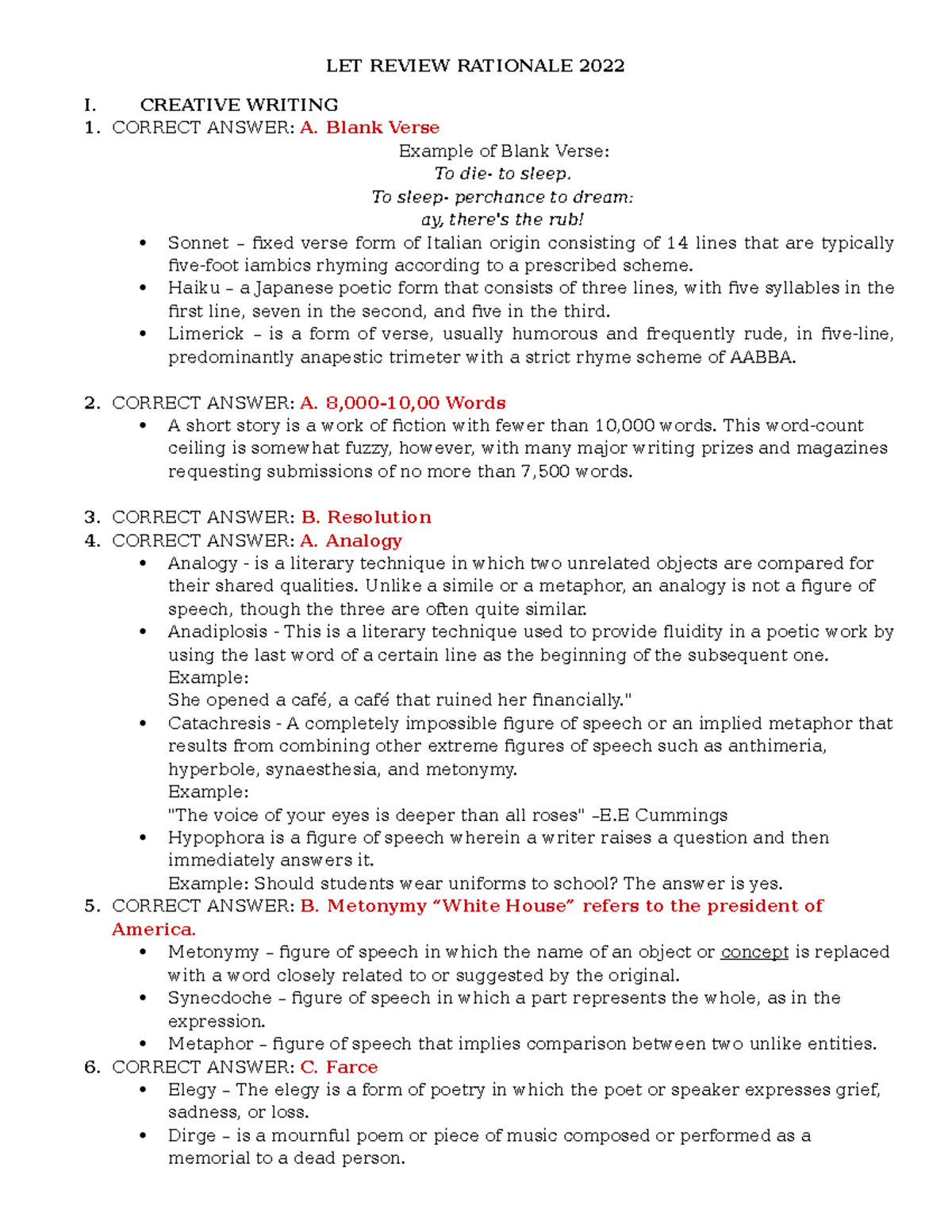 Review Rationale 2022 - BSED - LET REVIEW RATIONALE 2022 I. CREATIVE ...