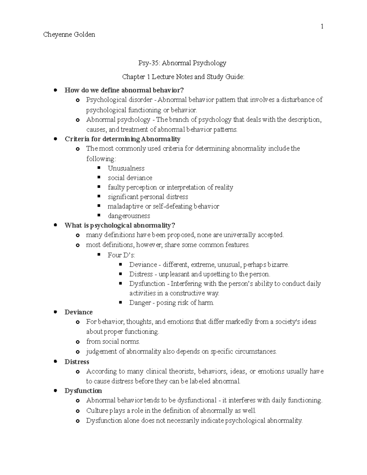 Chapter 1 Psy-35 Notes - Cheyenne Golden Psy-35: Abnormal Psychology ...