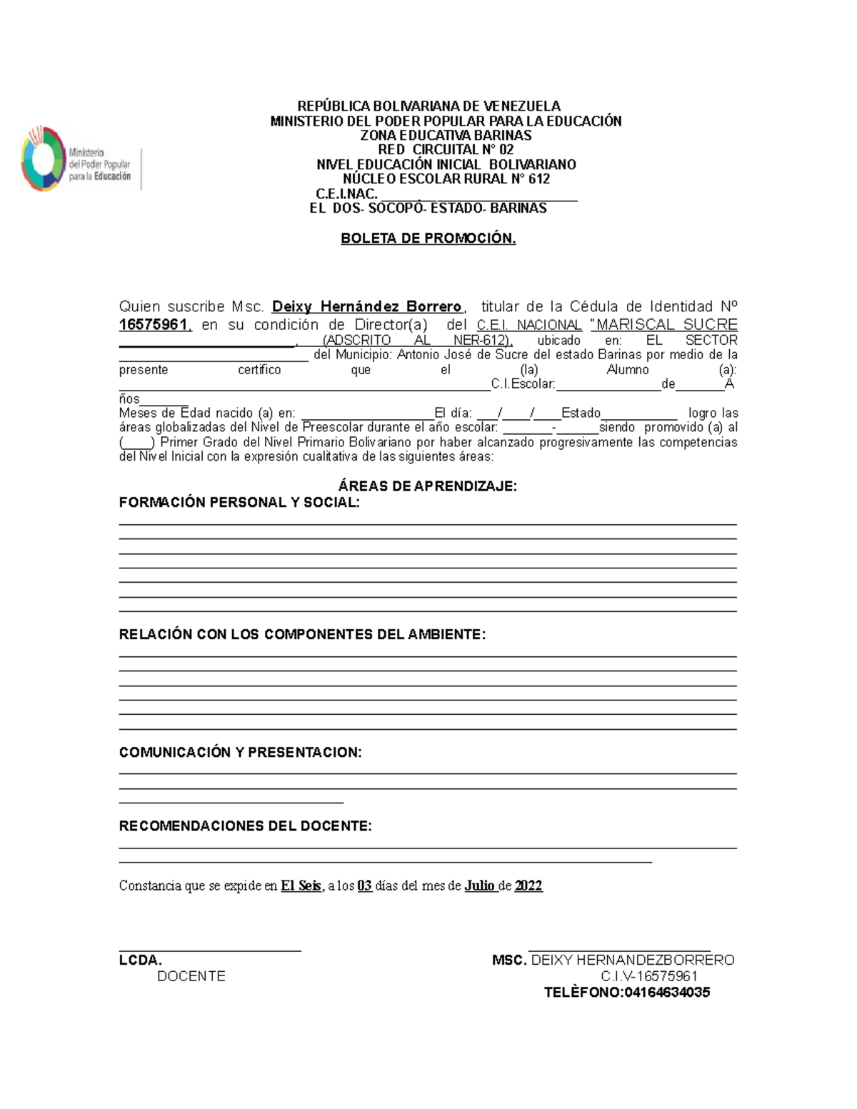 Boleta de Promoción 1 Inicial - REPÚBLICA BOLIVARIANA DE VENEZUELA ...