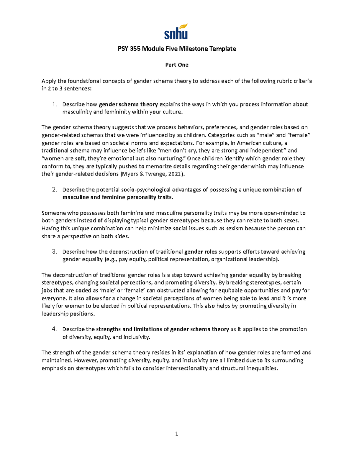 PSY 355 Module Five Milestone - The gender schema theory suggests that we process behaviors ...