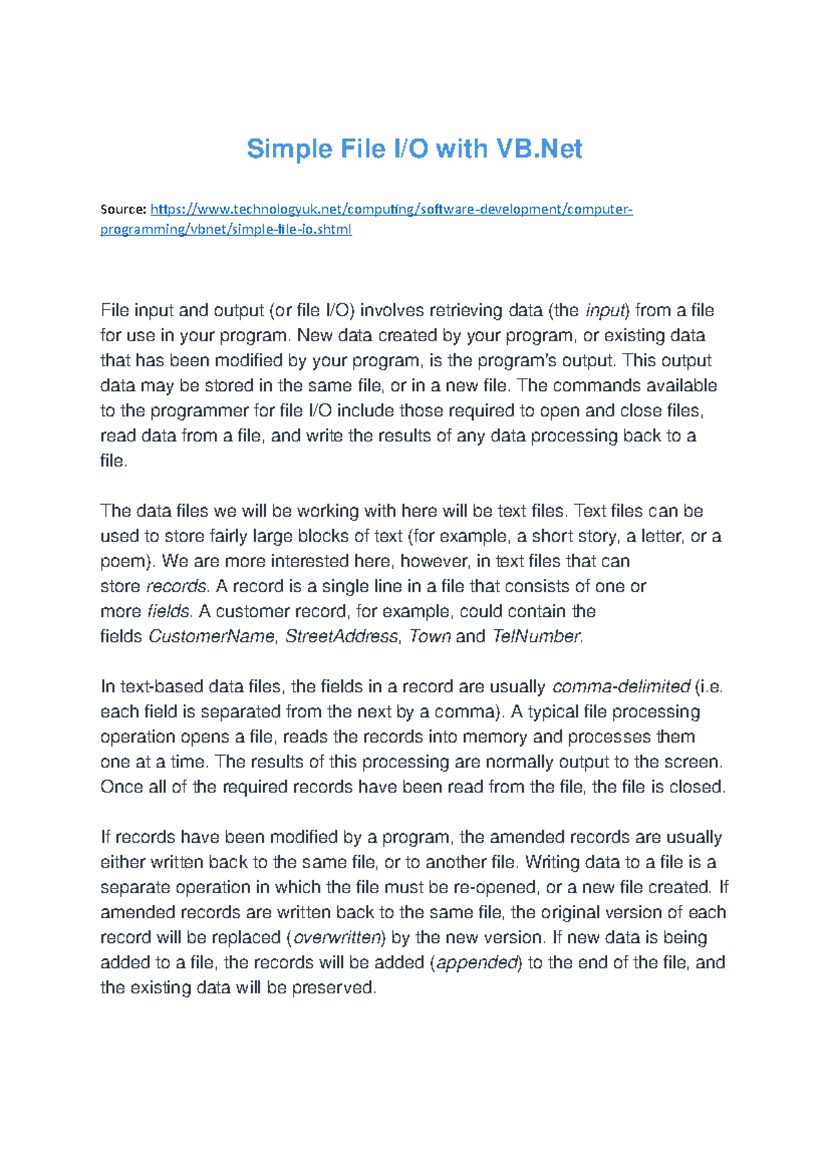 File input and output documentation - Simple File I/O with VB Source ...