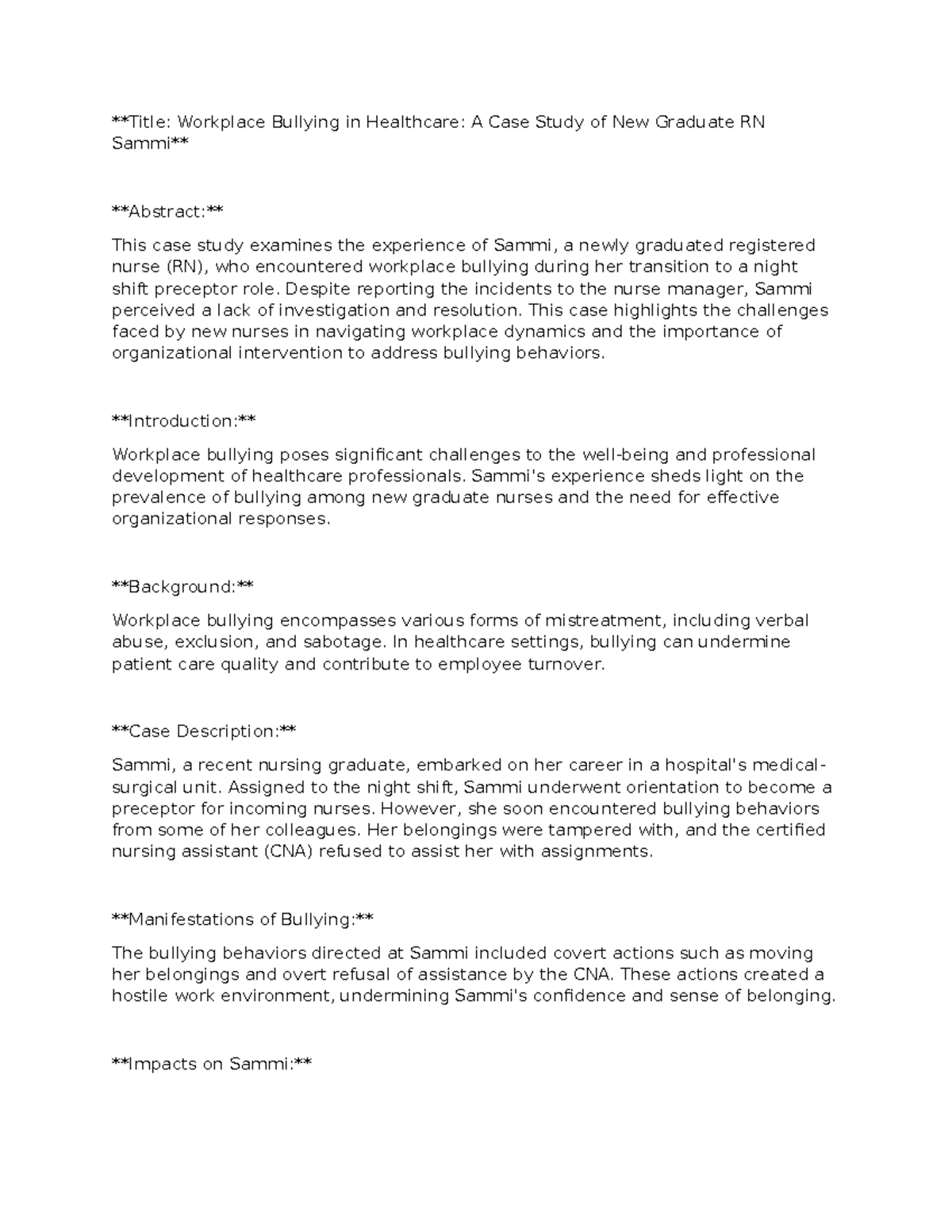 Nurse work place bullying - Title: Workplace Bullying in Healthcare: A ...