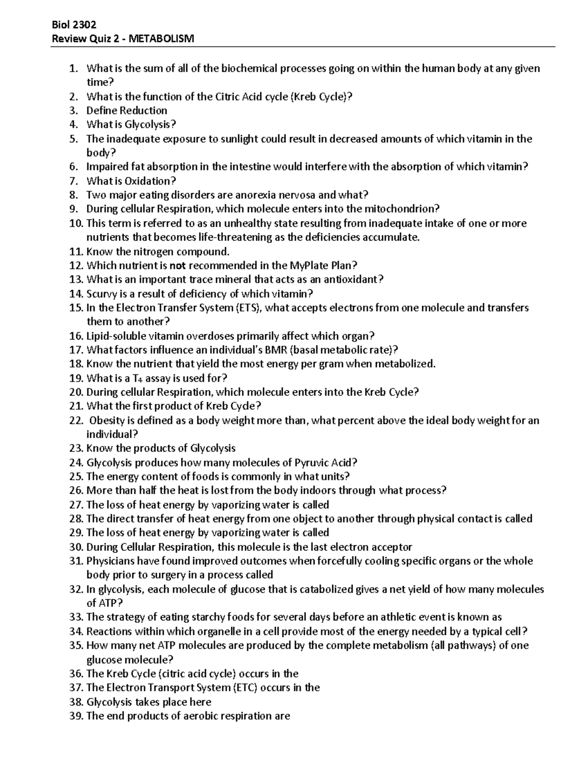 Biol 2302 - Review QUIZ 2 - Biol 2302 Review Quiz 2 - METABOLISM What ...