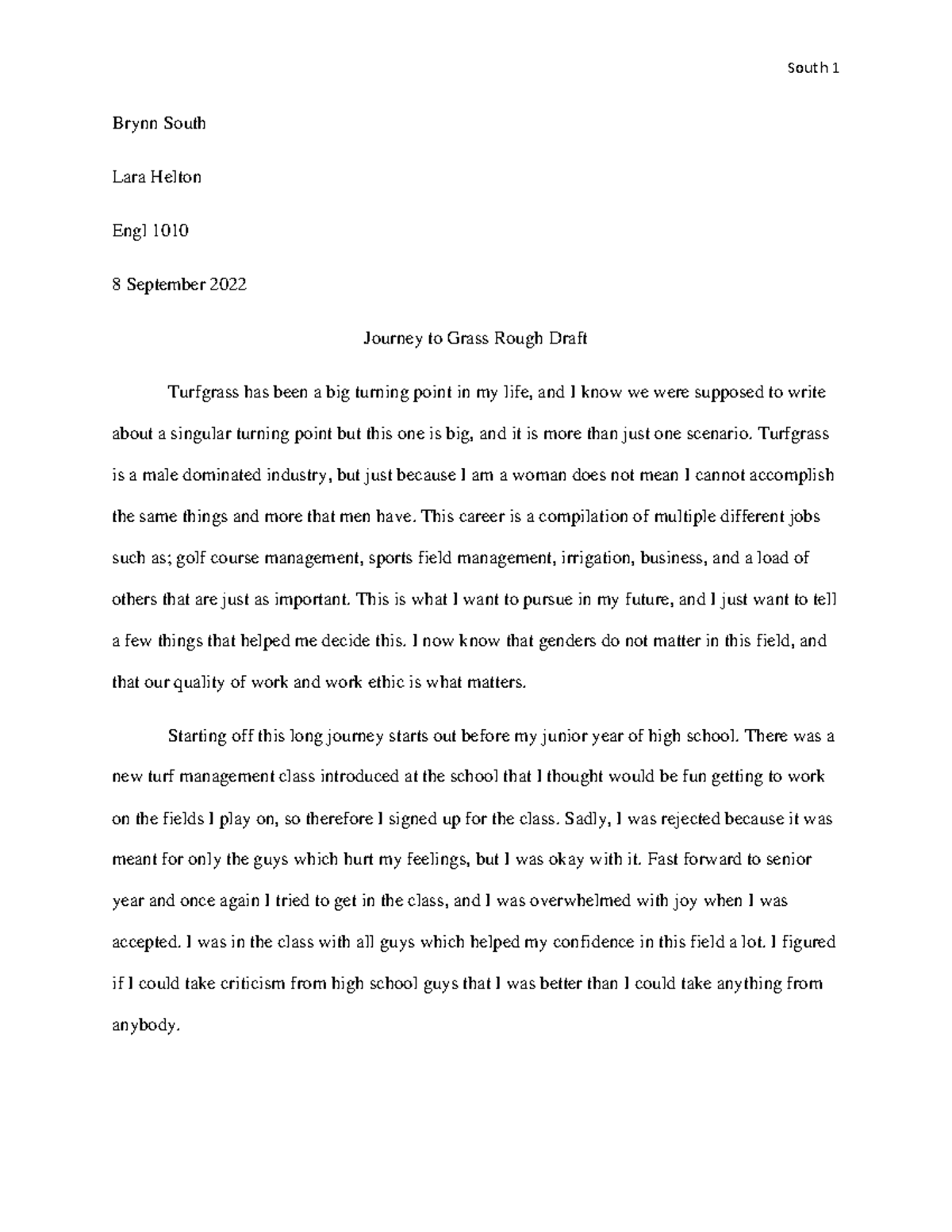 Narrative Essay Rough Draft-2 - Brynn South Lara Helton Engl 1010 8 ...