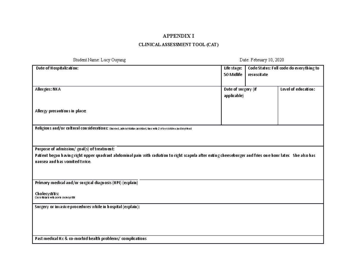CAT empty template - APPENDIX I CLINICAL ASSESSMENT TOOL (CAT) Student ...