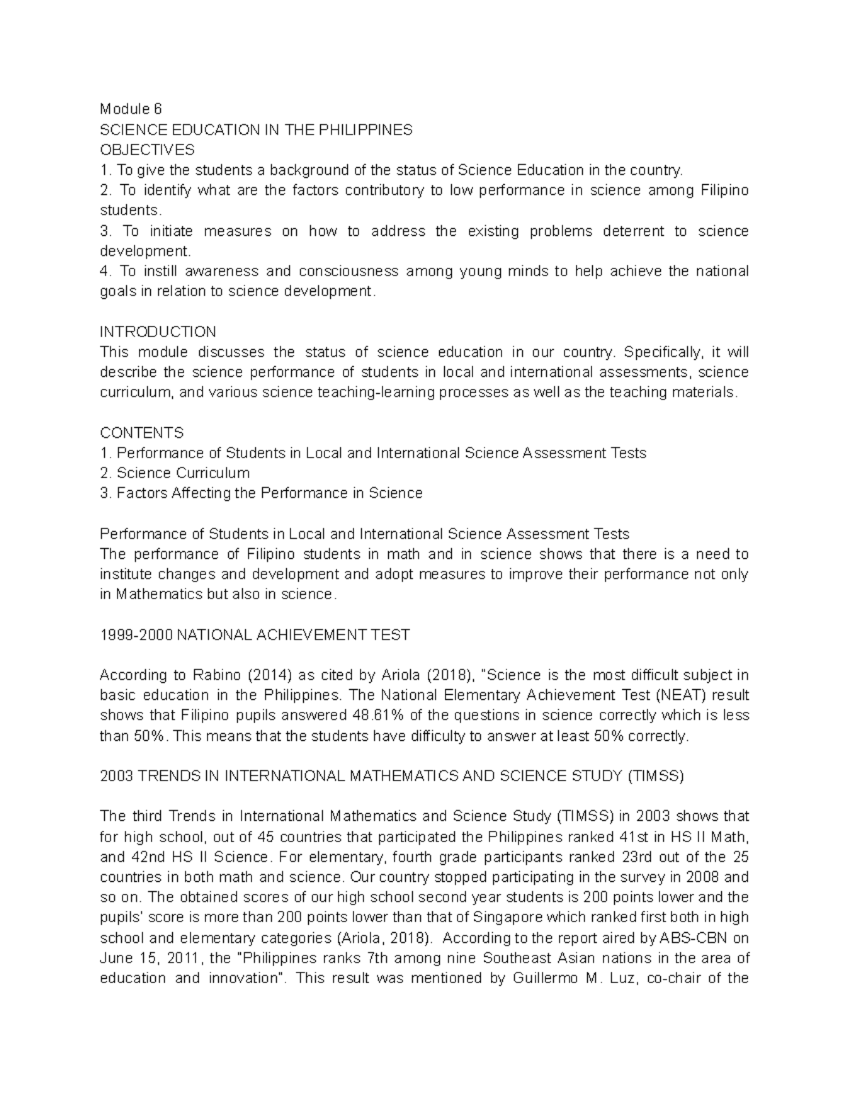STS-Module 6 - Hmm hmm - Module 6 SCIENCE EDUCATION IN THE PHILIPPINES ...