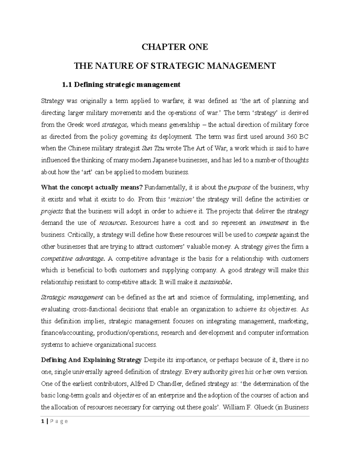SM Chapter 1 - note - CHAPTER ONE THE NATURE OF STRATEGIC MANAGEMENT 1 ...
