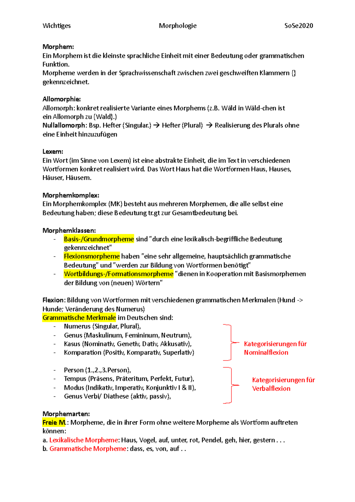 Morphologie kurz - Morphem: Ein Morphem ist die kleinste sprachliche ...