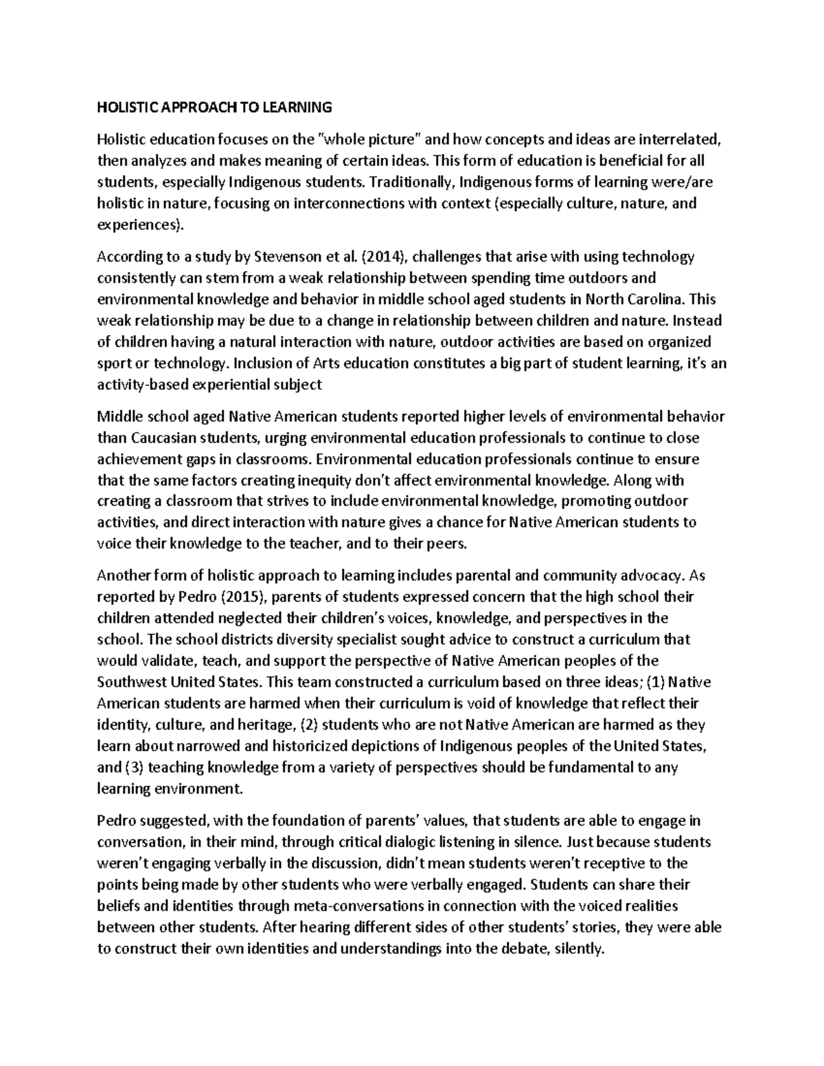 Holistic Approach TO Learning - HOLISTIC APPROACH TO LEARNING Holistic ...