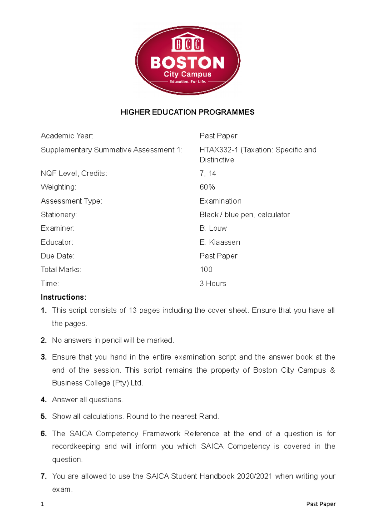 HTAX332-1-Past Paper - Study material - HIGHER EDUCATION PROGRAMMES ...