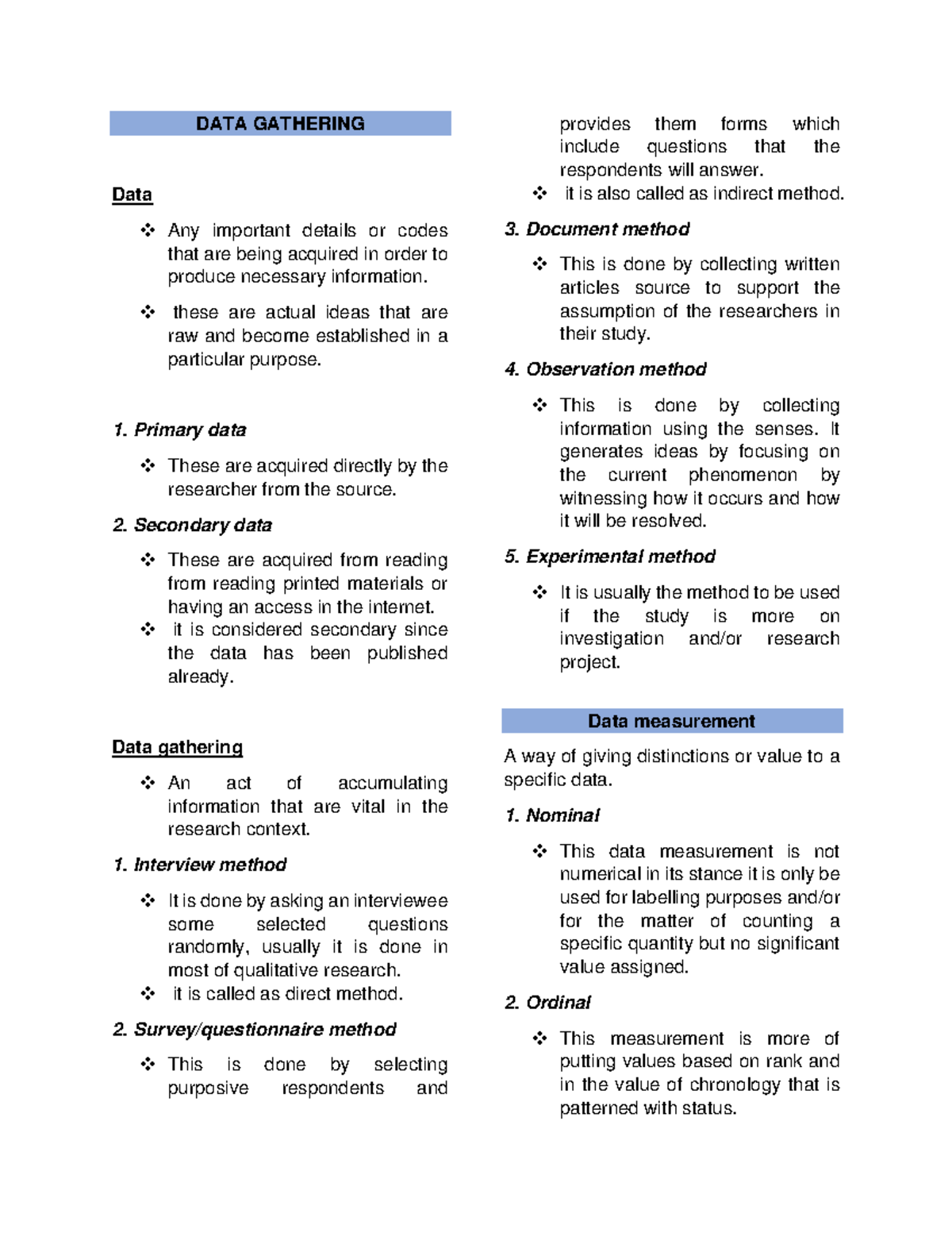 Research Data Gathering - DATA GATHERING Data Any important details or ...
