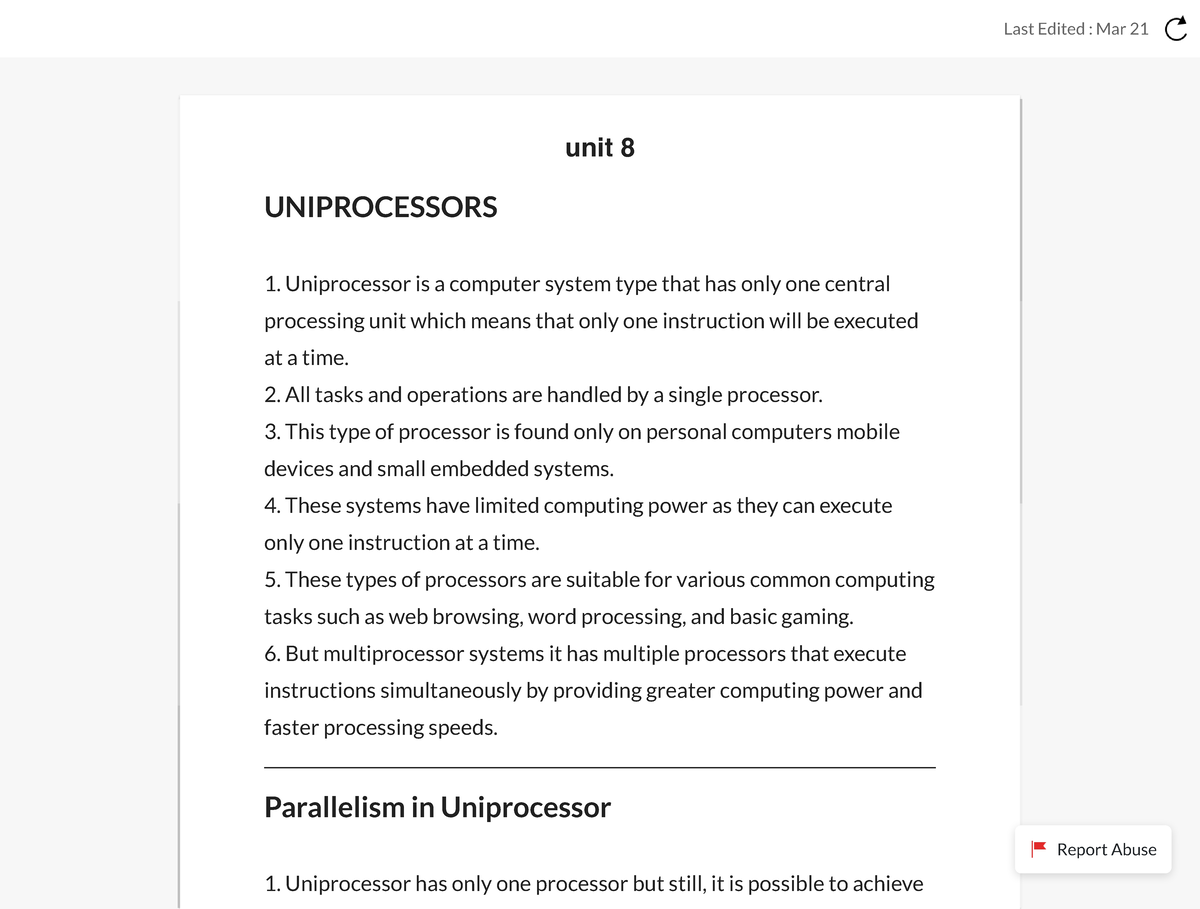 Csa unit 8 - Summary Bachelors of Computer Applications - unit 8 UNIPROCESSORS 1. Uniprocessor ...