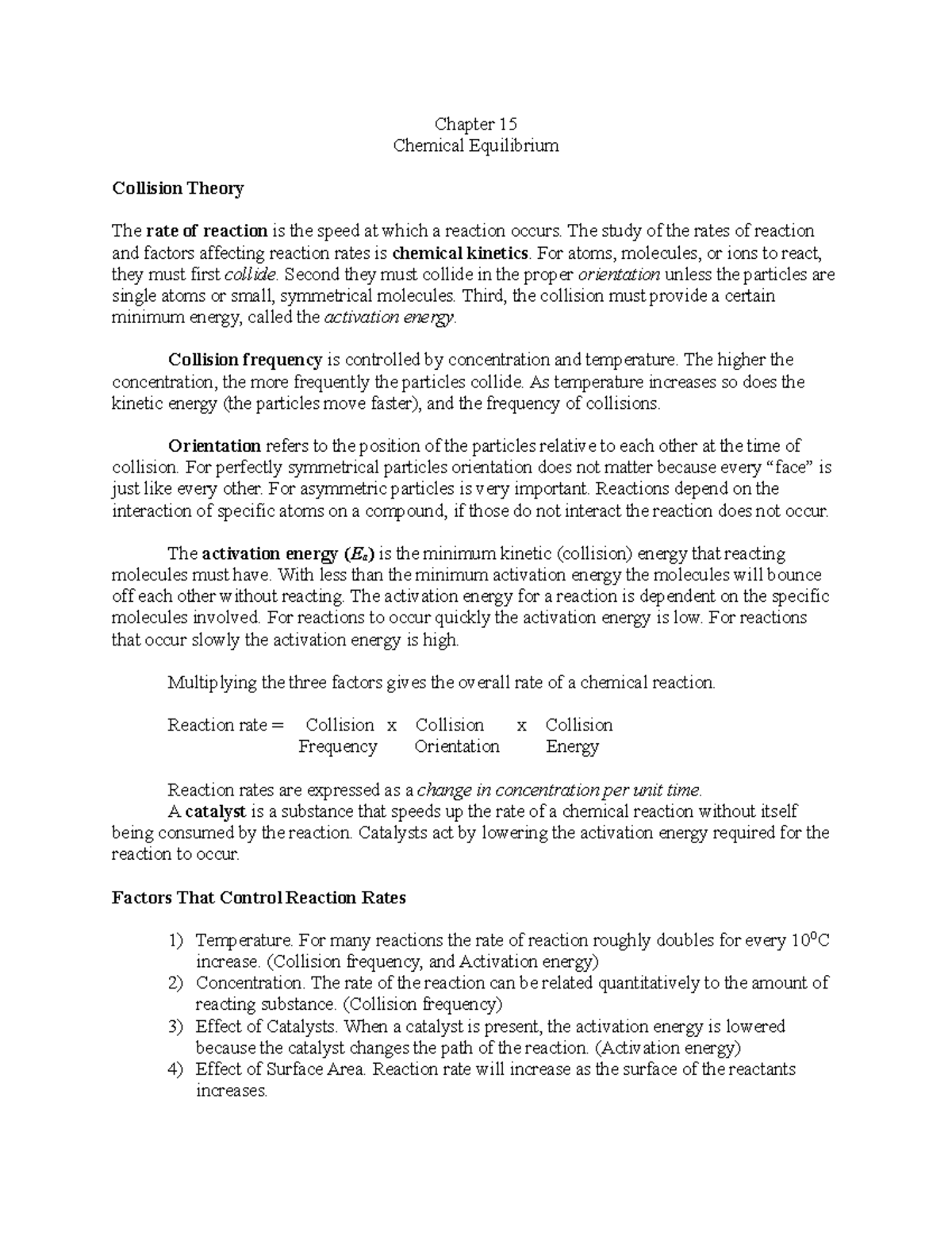 Chapter 15 - lecture notes - Chapter 15 Chemical Equilibrium Collision ...
