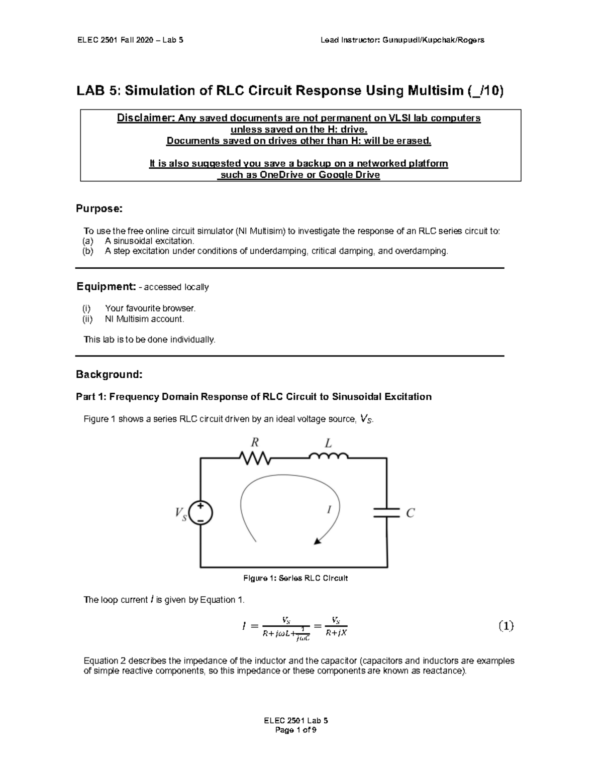 ELEC2501 Fall 2020 - Lab 5 - ELEC 2501 Lab 5 LAB 5 : Simulation of RLC ...