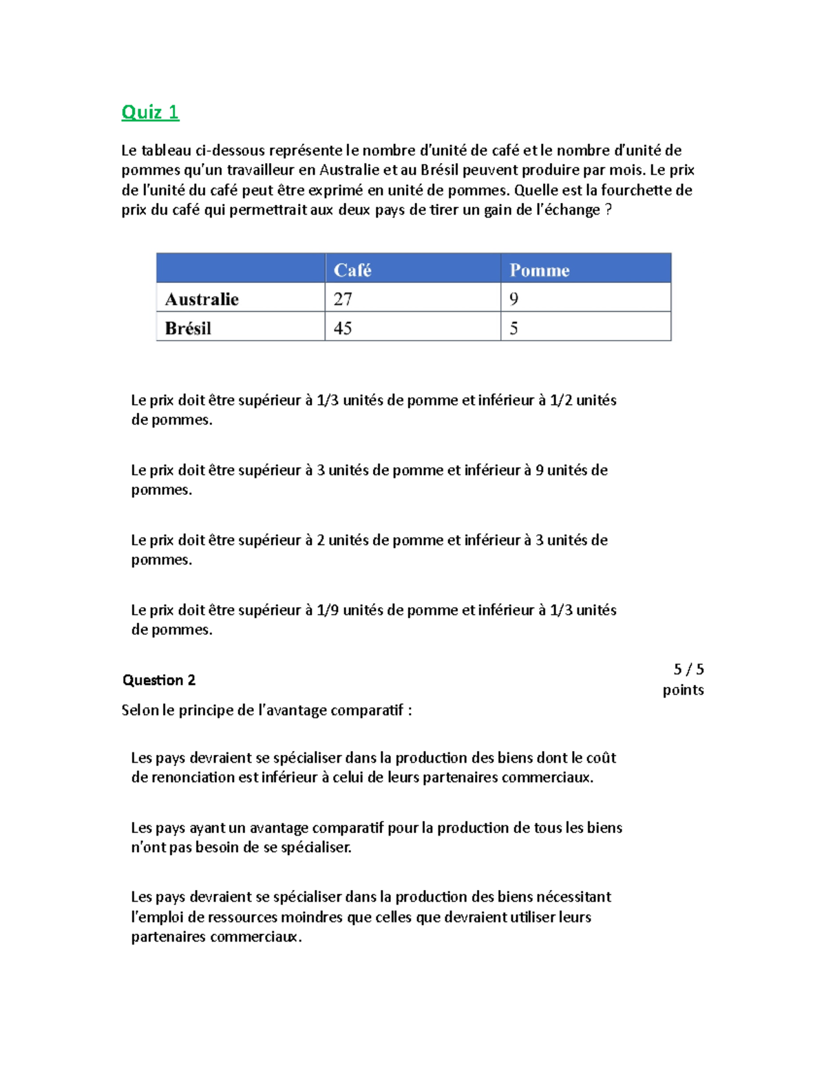 Quiz 1 a 5 - question de révision pour exam final - Quiz 1 Le tableau ...