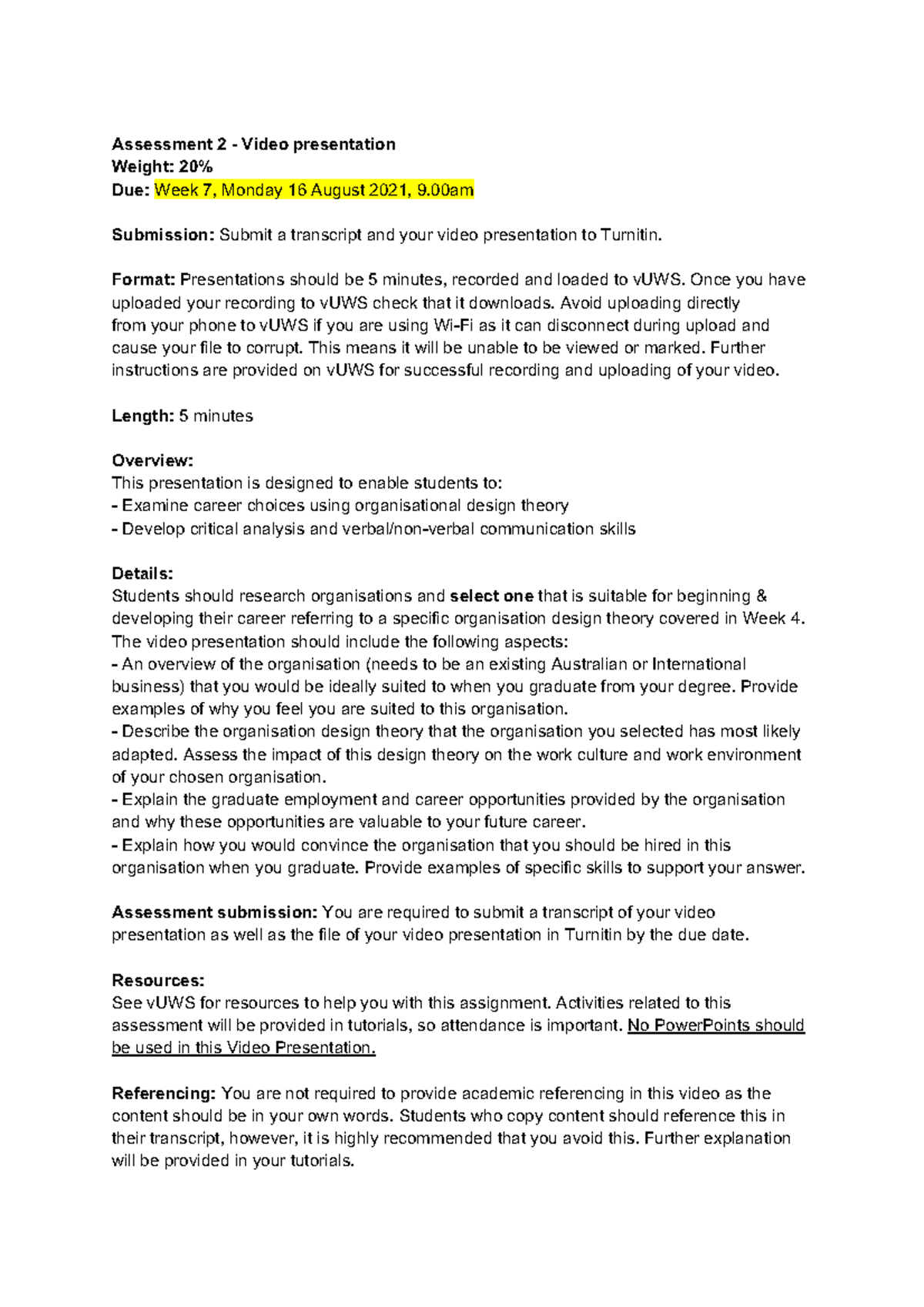 2003 76 Assessment 2 S2 2021 - Assessment 2 - Video presentation Weight ...