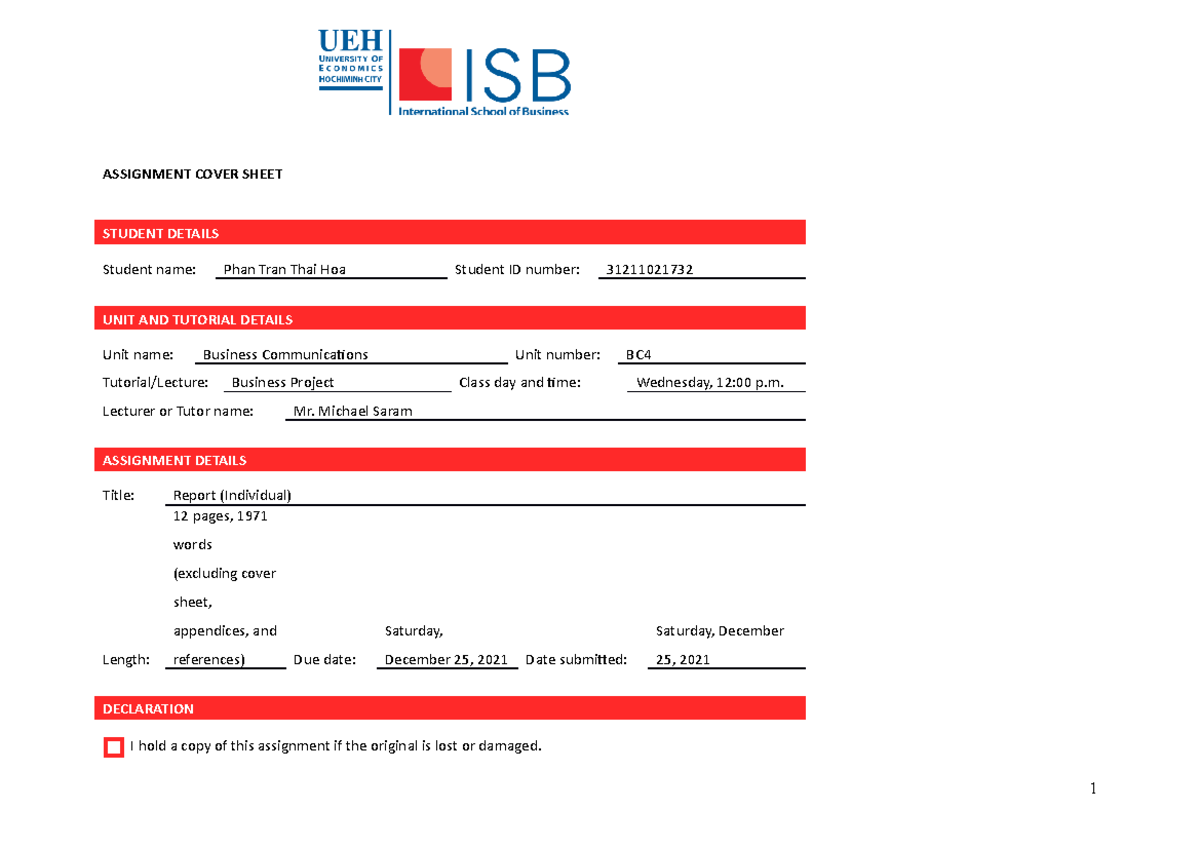 A3 31211021732 Phan Tran Thai Hoa BC4 - ASSIGNMENT COVER SHEET STUDENT DETAILS Student name ...
