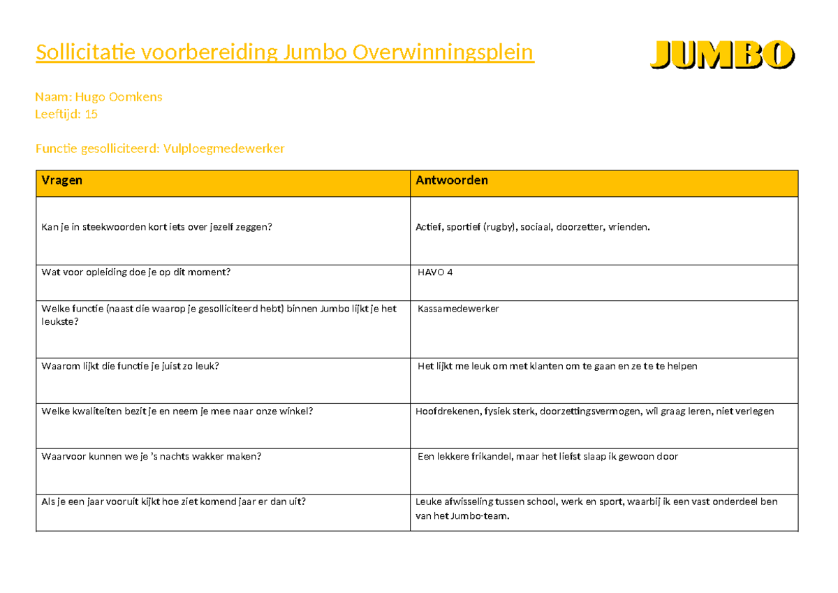 03 - Opdracht sollicitatie - Sollicitatie voorbereiding Jumbo ...