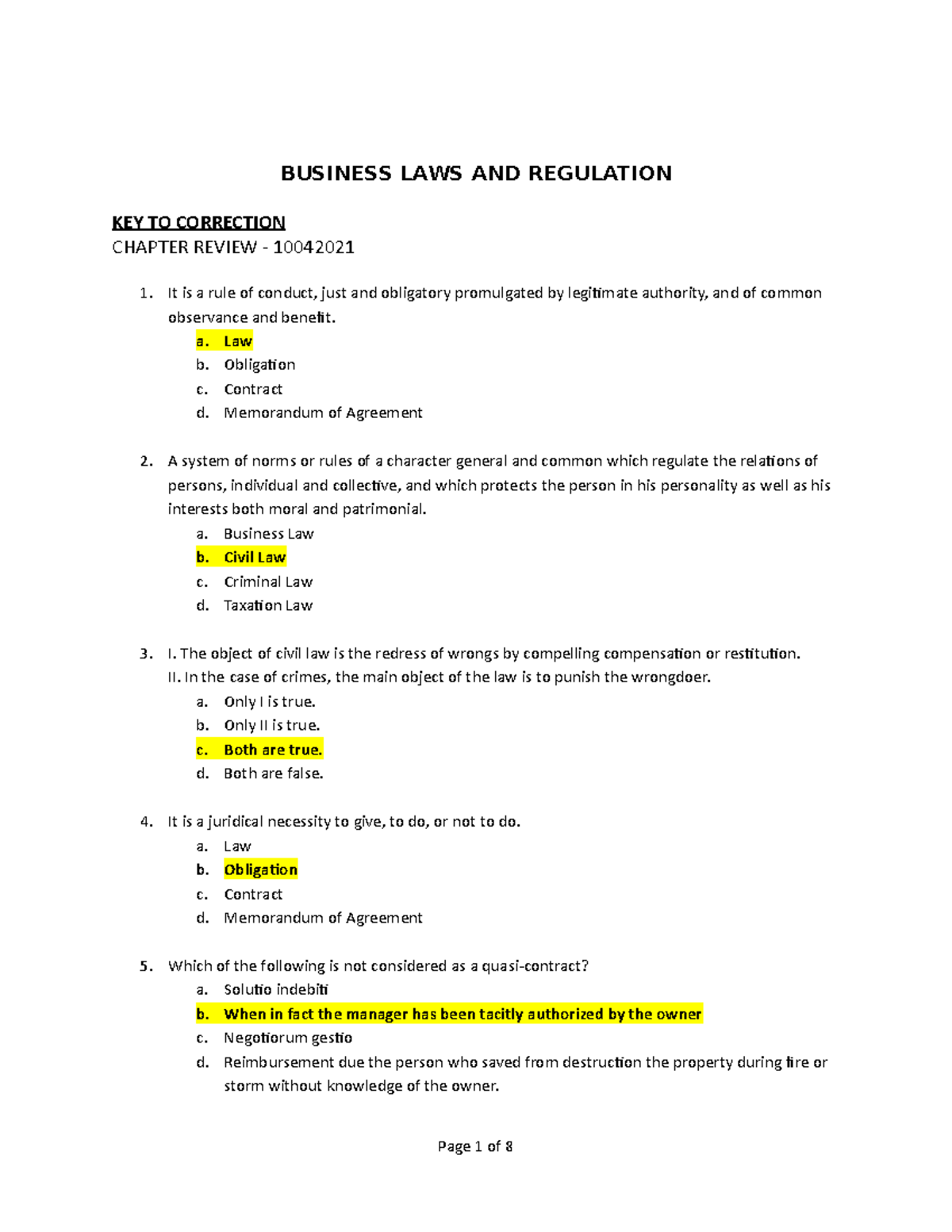 BLR Chapter Quiz KEY TO Correction 10042021 - BUSINESS LAWS AND ...