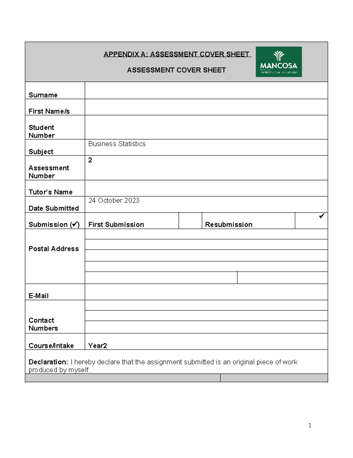 Business Statistics Formative Assessment 2 (003) - APPENDIX A ...