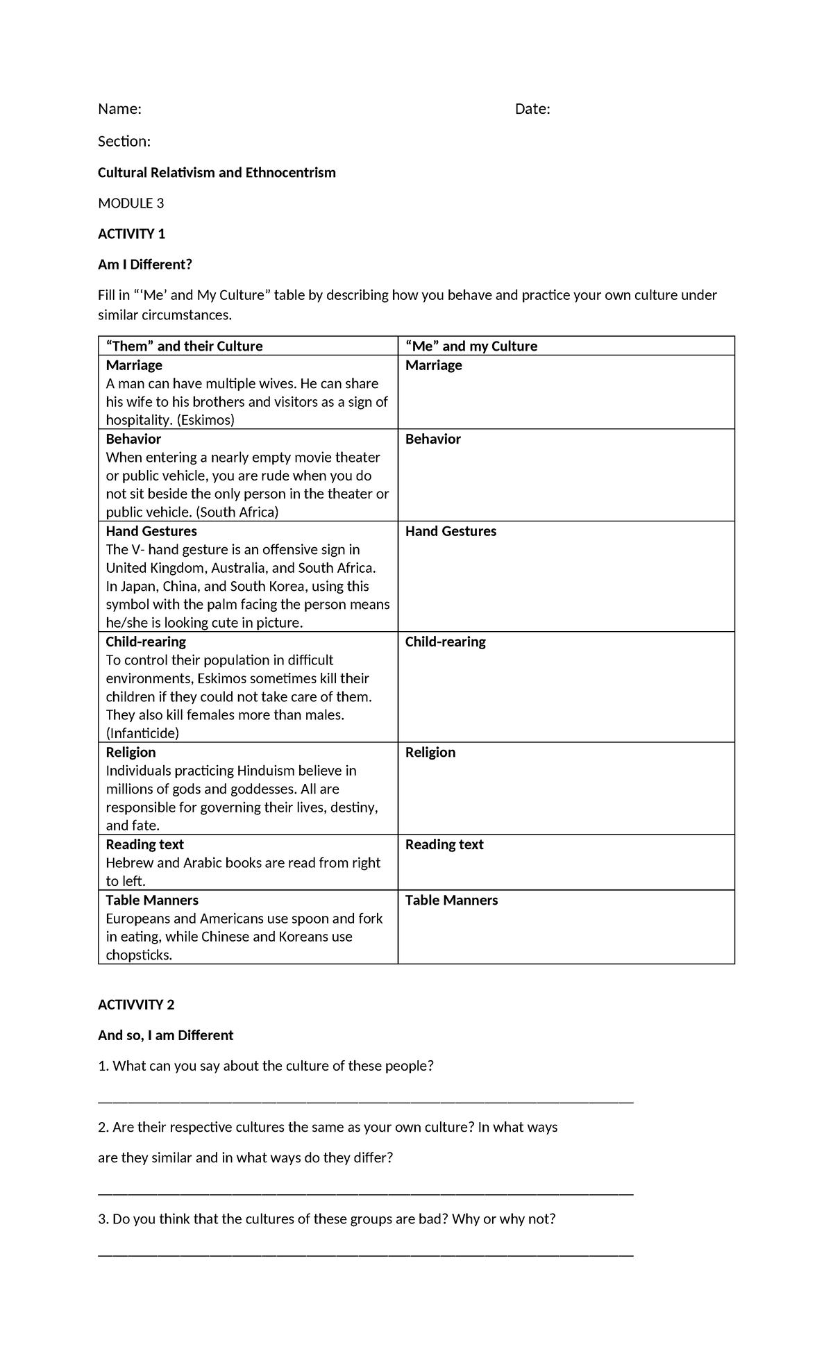 culture and society - Name: Date: Section: Cultural Relativism and ...