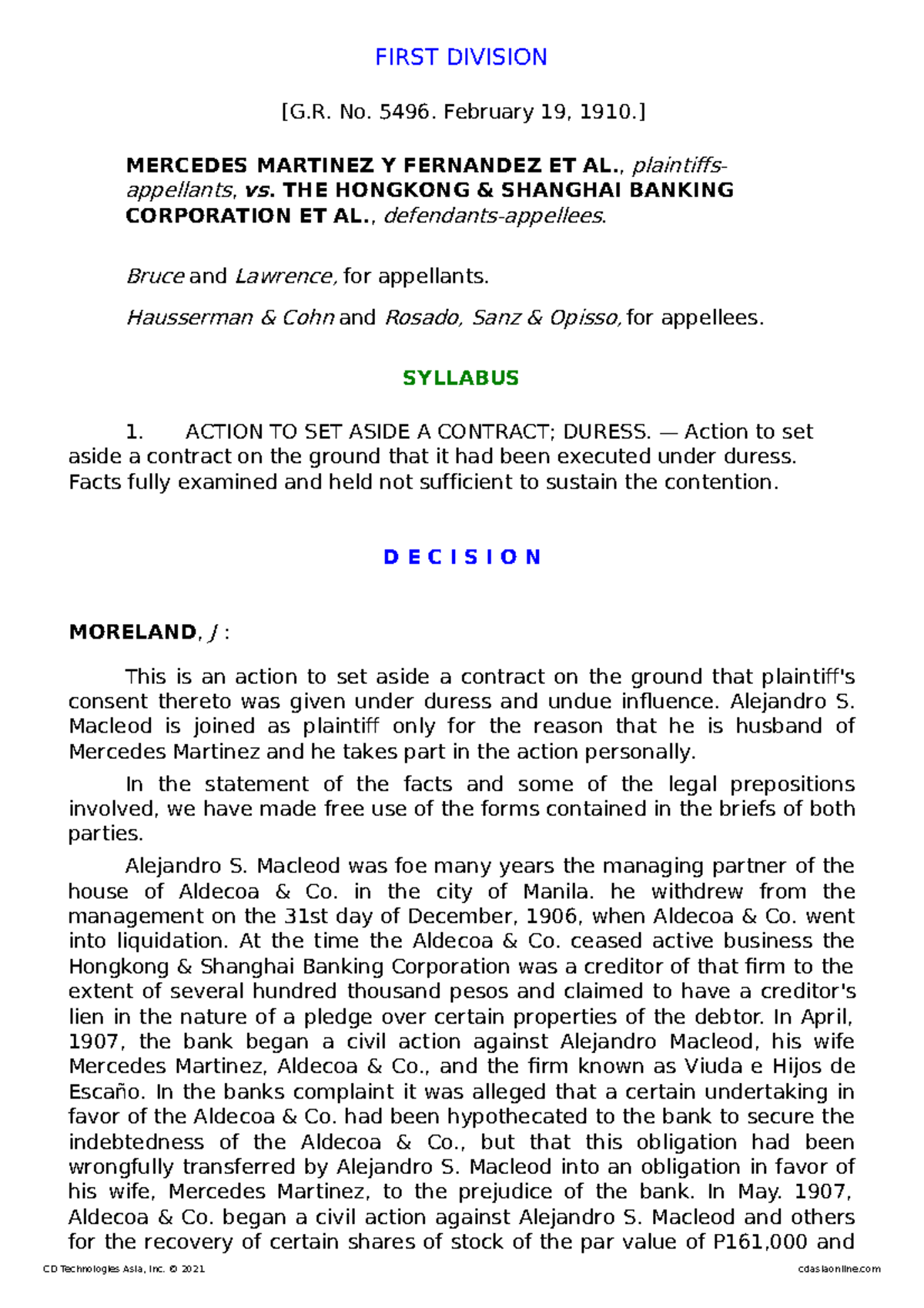 Martinez y Fernandez v - kjljkl - FIRST DIVISION [G. No. 5496. February ...