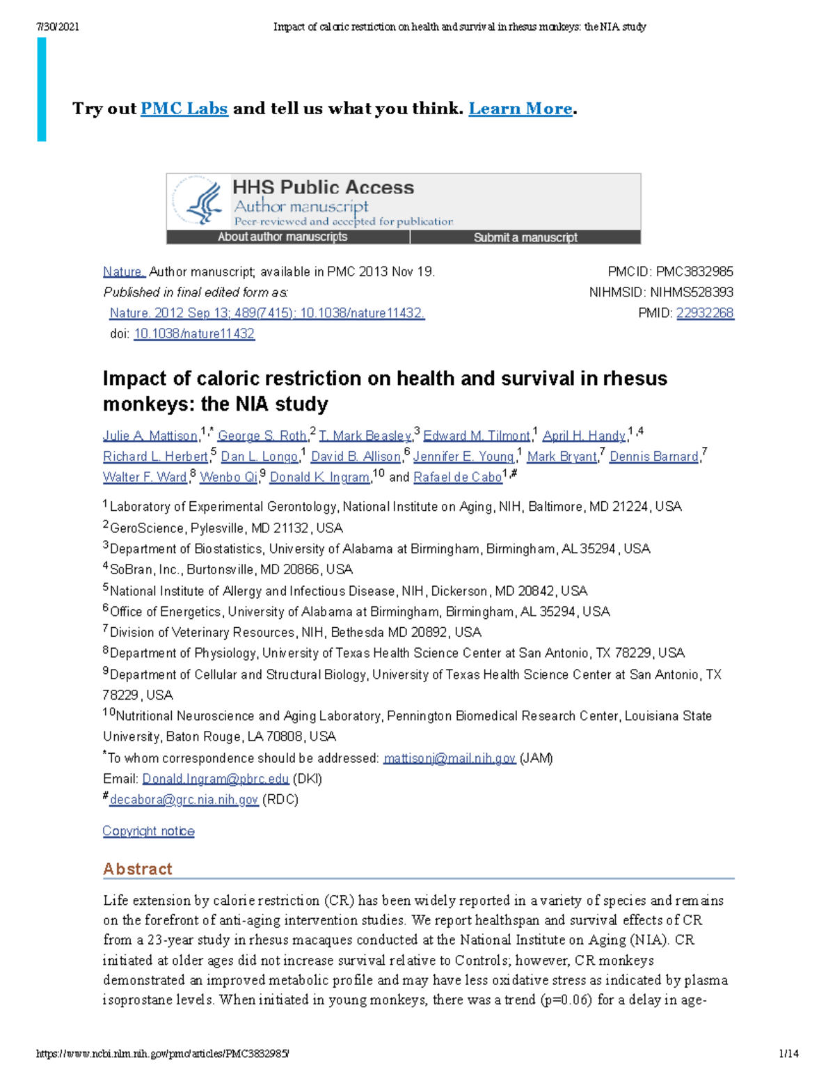 Impact of caloric restriction on health and survival in rhesus monkeys ...
