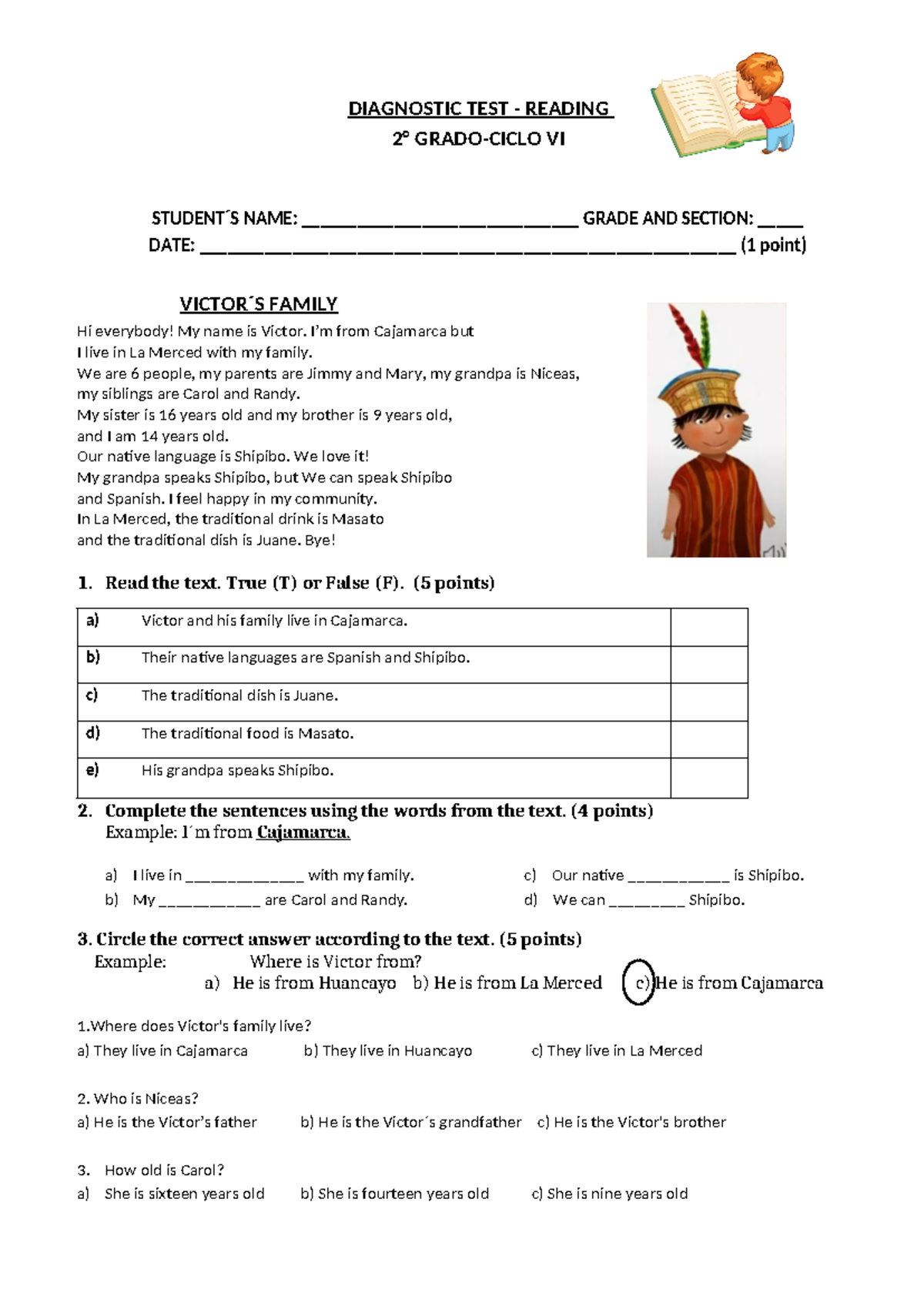 2° Diagnostic TEST - Reading - DIAGNOSTIC TEST - READING 2° GRADO-CICLO ...
