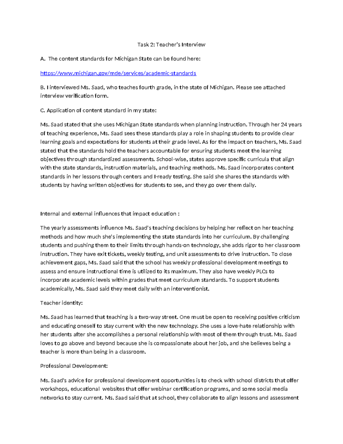 Educational Foundation D097 Task 2 Interview Task 2 Teachers