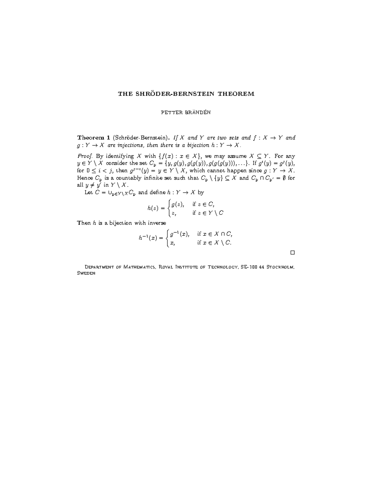 Schroeder-Bernstein - THE SHR ̈ODER-BERNSTEIN THEOREM PETTER BR ̈AND ...
