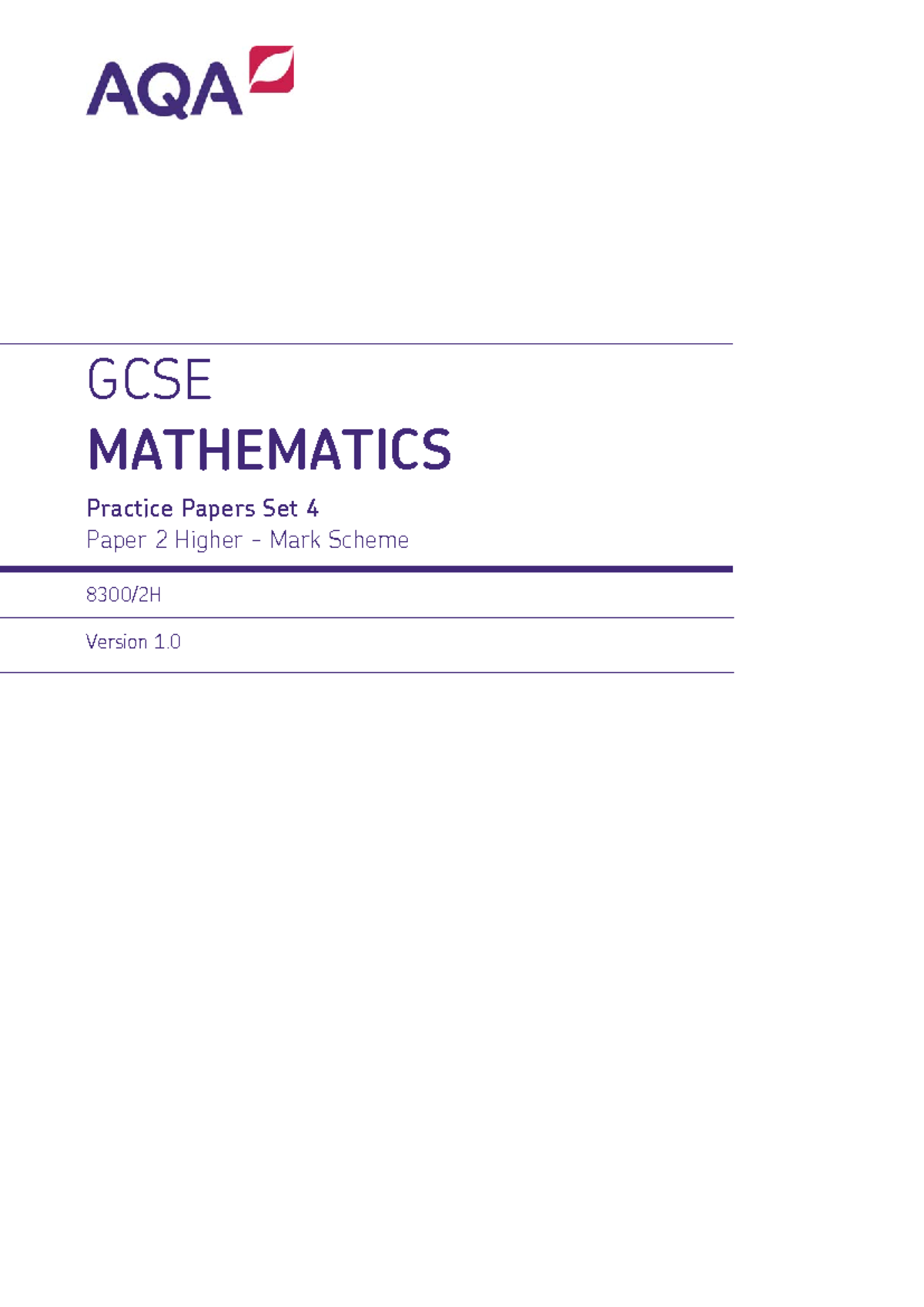 Aqa Gcse Mathematics Unit 2h Ms Practice Papers Set 4 V1 ΑΒ Practice