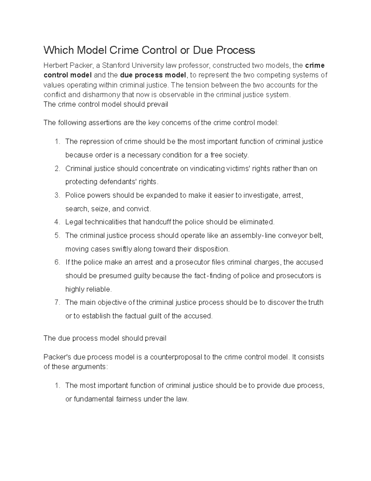 Which Model Crime Control or Due Process - The tension between the two ...