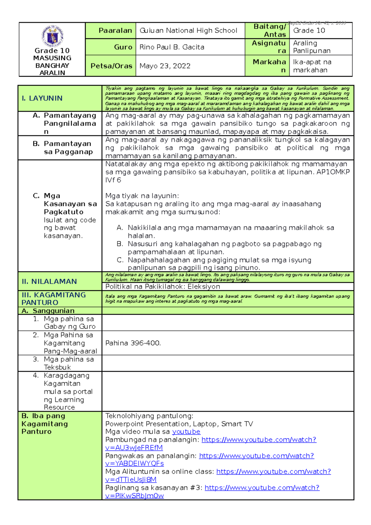 Masusing-Banghay-Aralin-AP10 Politikal-na-pakikilahok - Grade 10 ...