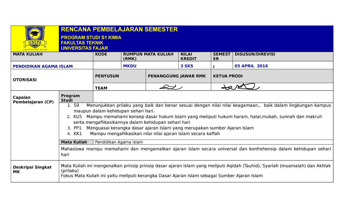Rps agama islam - RENCANA PEMBELAJARAN SEMESTER PROGRAM STUDI S1 KIMIA ...