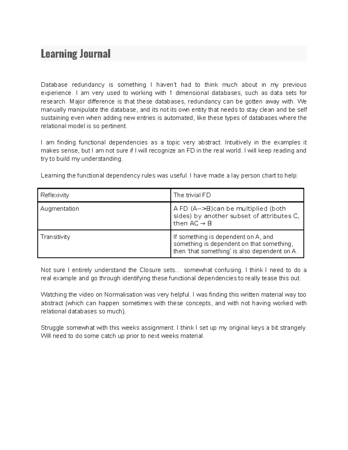 Learning Journal Unit 4 - Learning Journal Database redundancy is ...