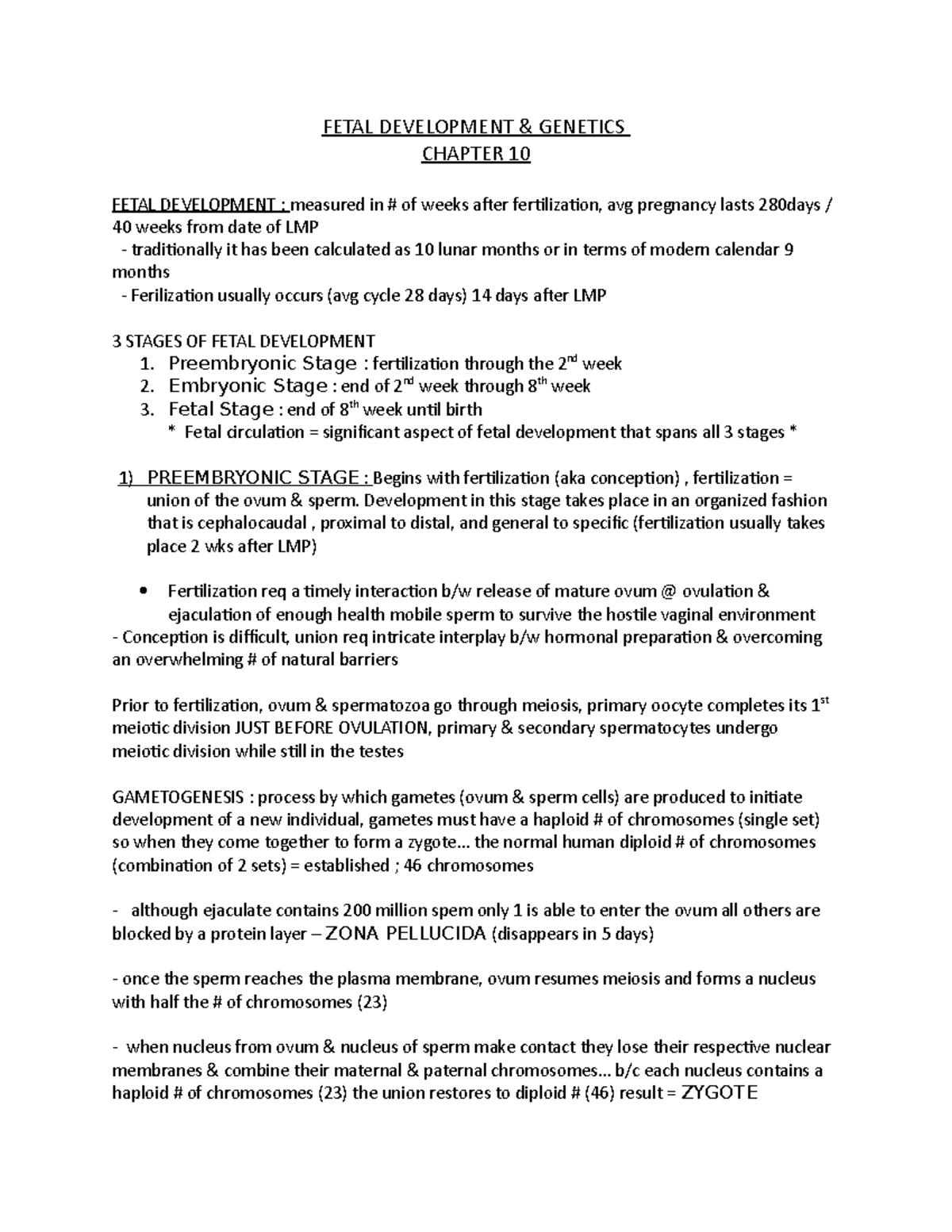 Ch. 10 Womens Notes - FETAL DEVELOPMENT & GENETICS CHAPTER 10 FETAL ...