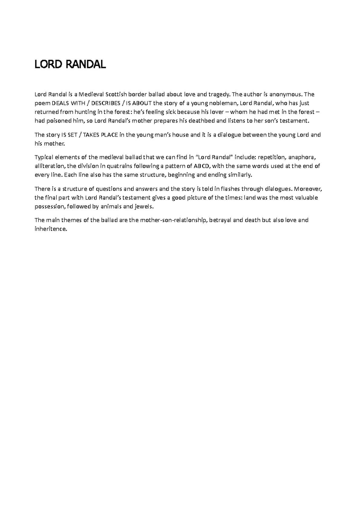 LORD Randal - LORD RANDAL Lord Randal is a Medieval Scottish border ...