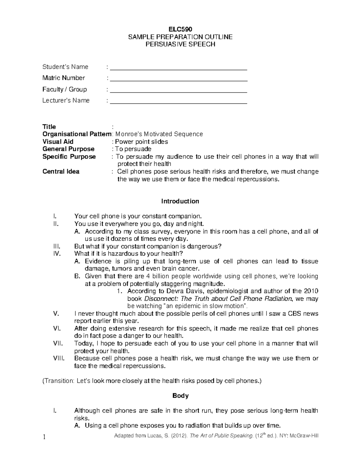 ELC590 Persuasive MMS Outline Sample The Dangers of Cellphone - Adapted ...